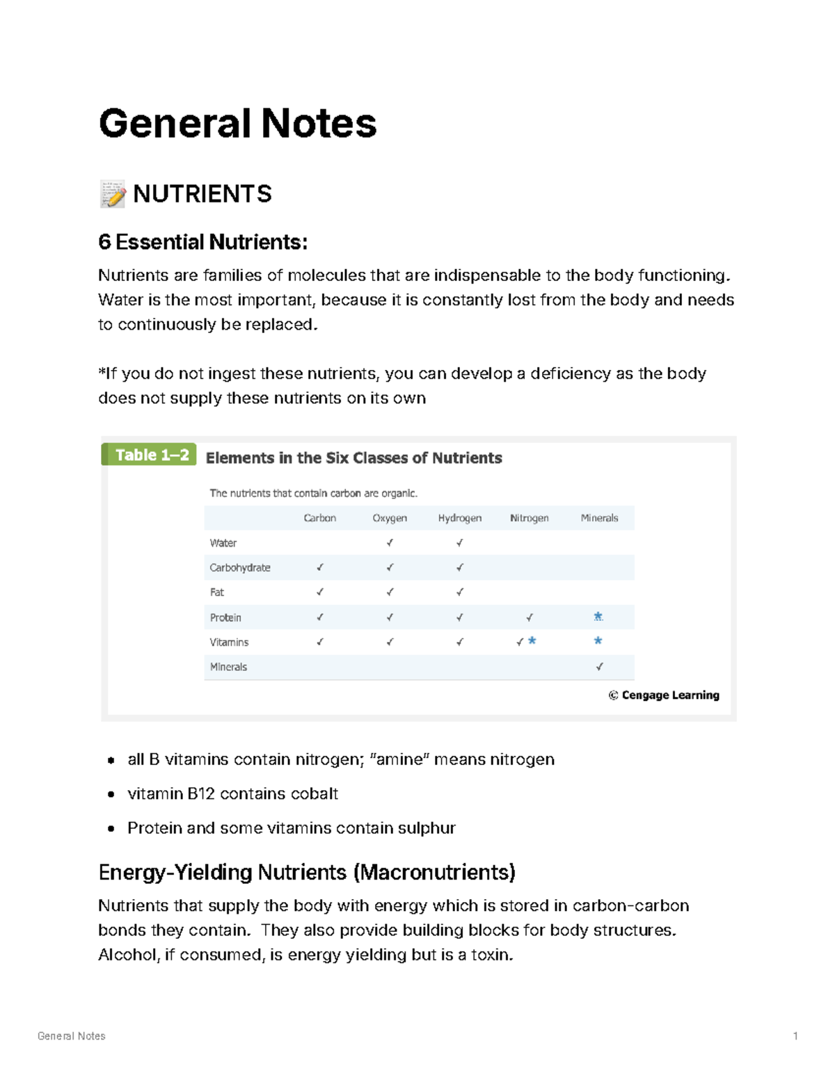 Introduction to Nutrition - General Notes 📝 NUTRIENTS 6 Essential ...