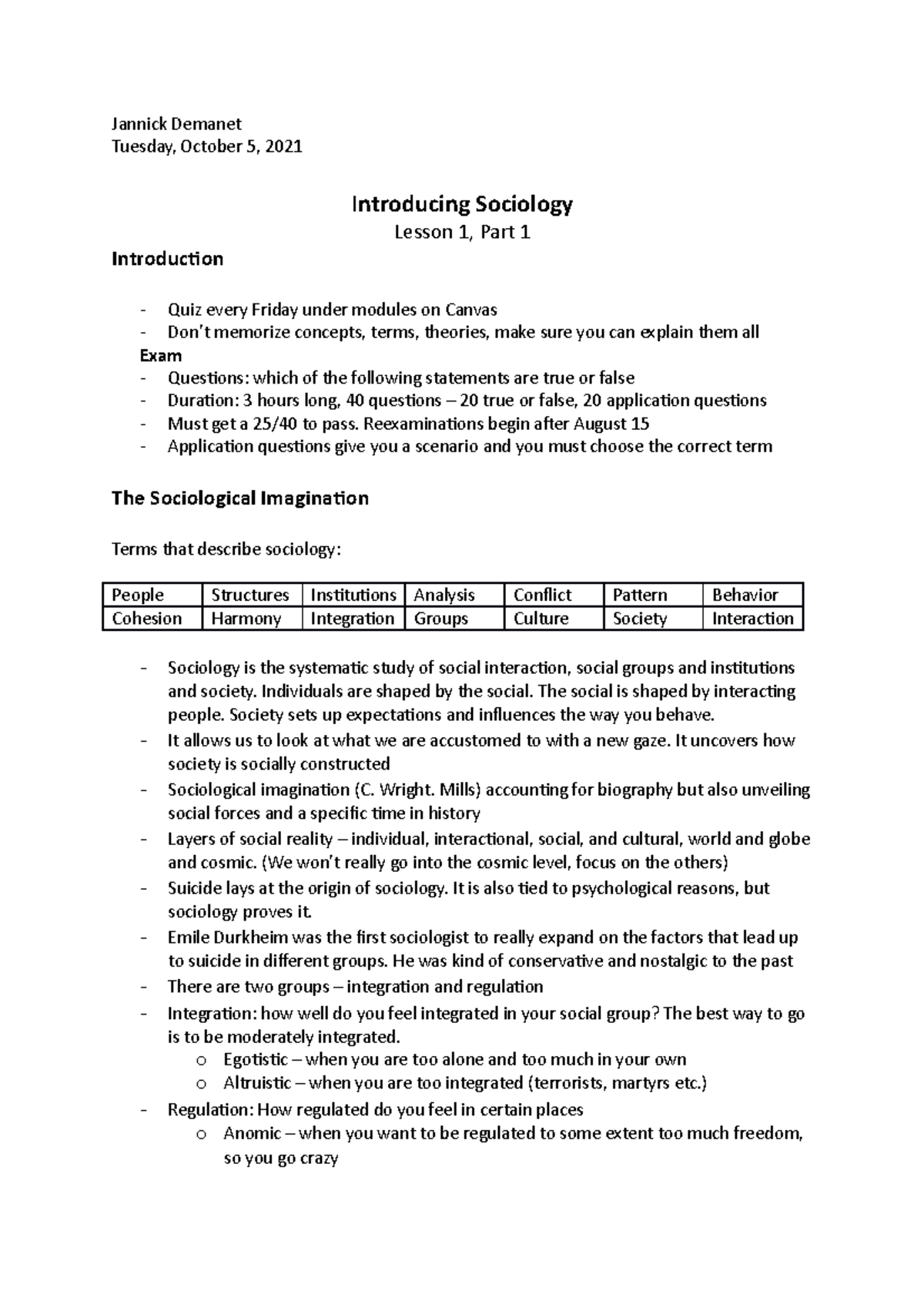 Lesson I - Sociology Lecture Notes - Jannick Demanet Tuesday, October 5 ...