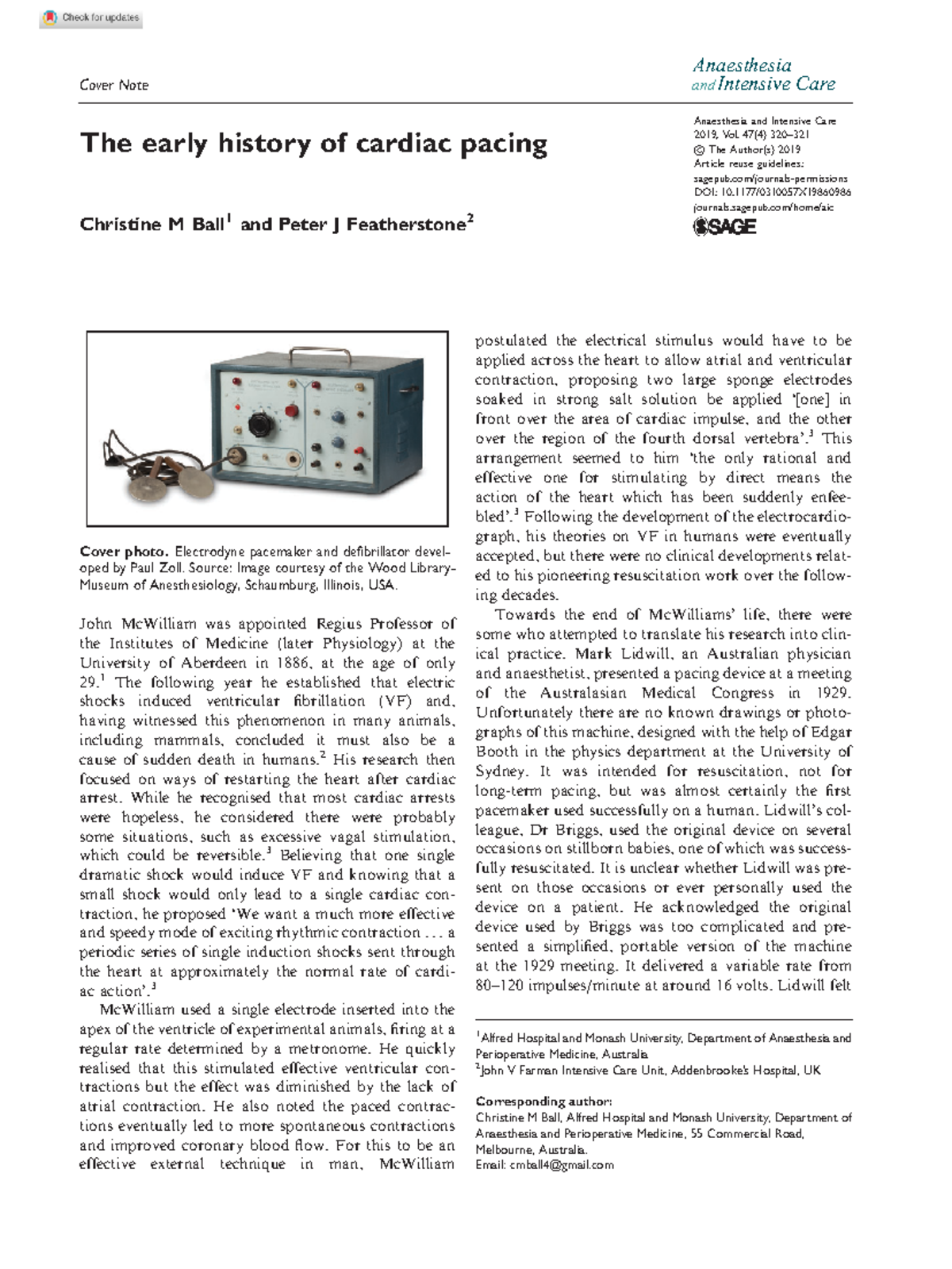 Ball featherstone 2019 the early history of cardiac pacing - Cover Note ...