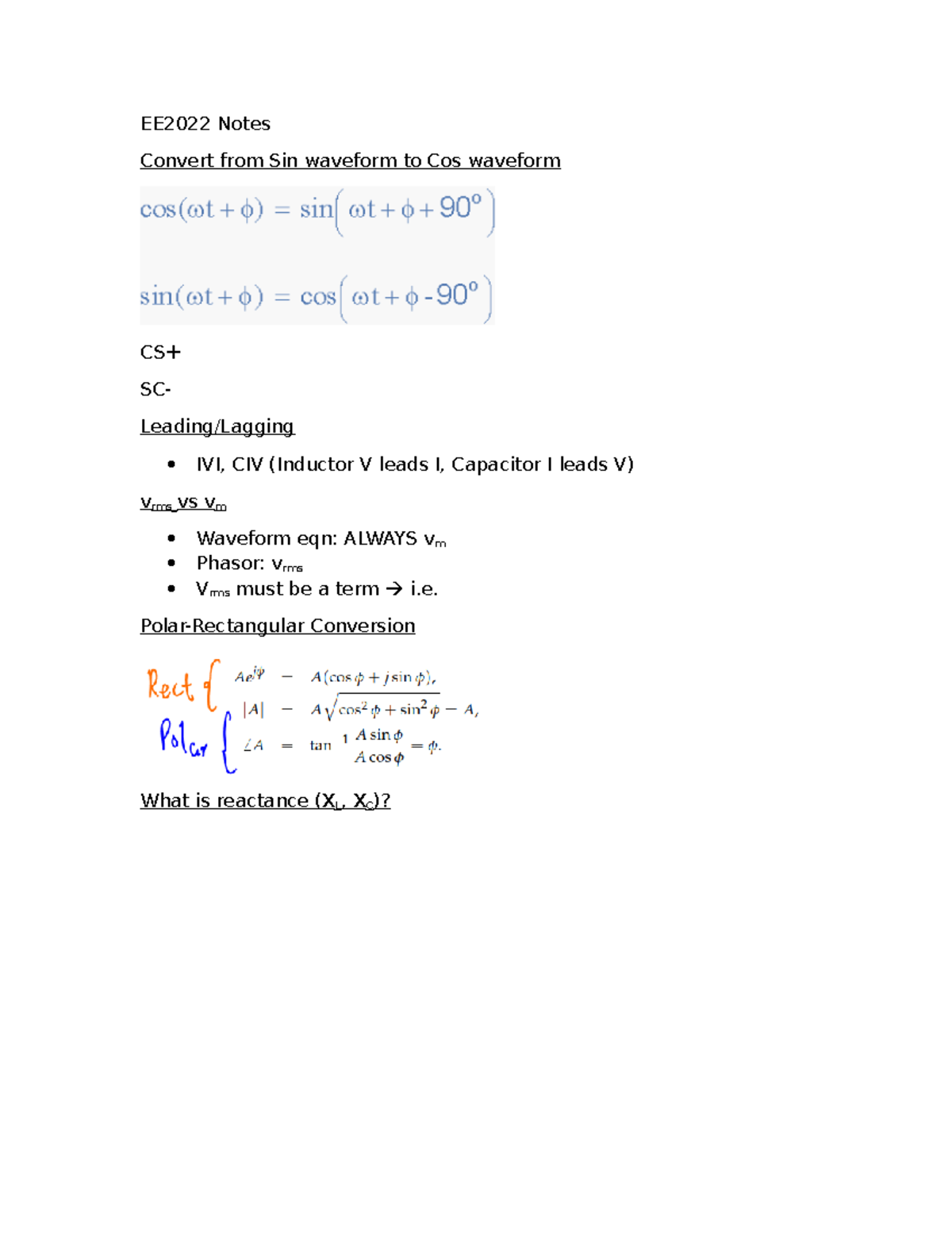 EE2022 Notes - EE2022 Notes Convert from Sin waveform to Cos waveform ...