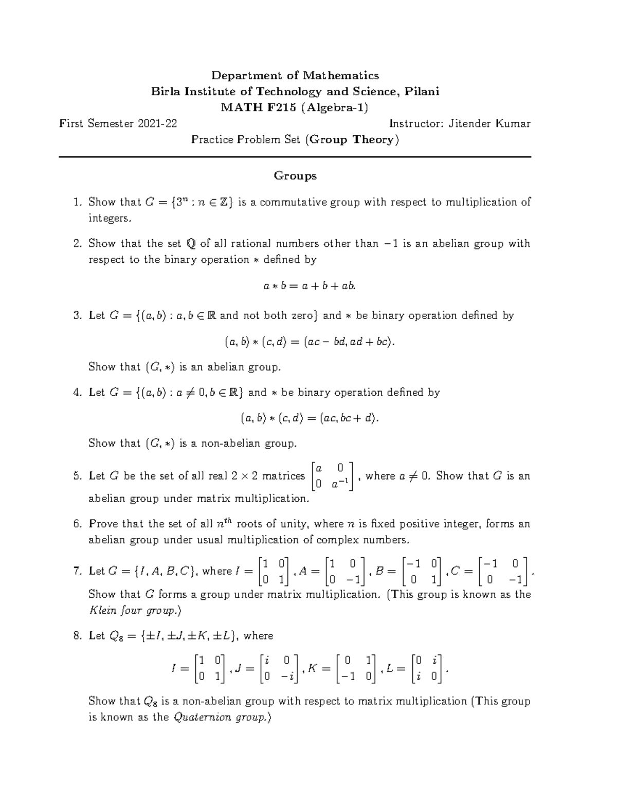 PPS Group Theory Practice Problems for abstract algebra - Department of ...