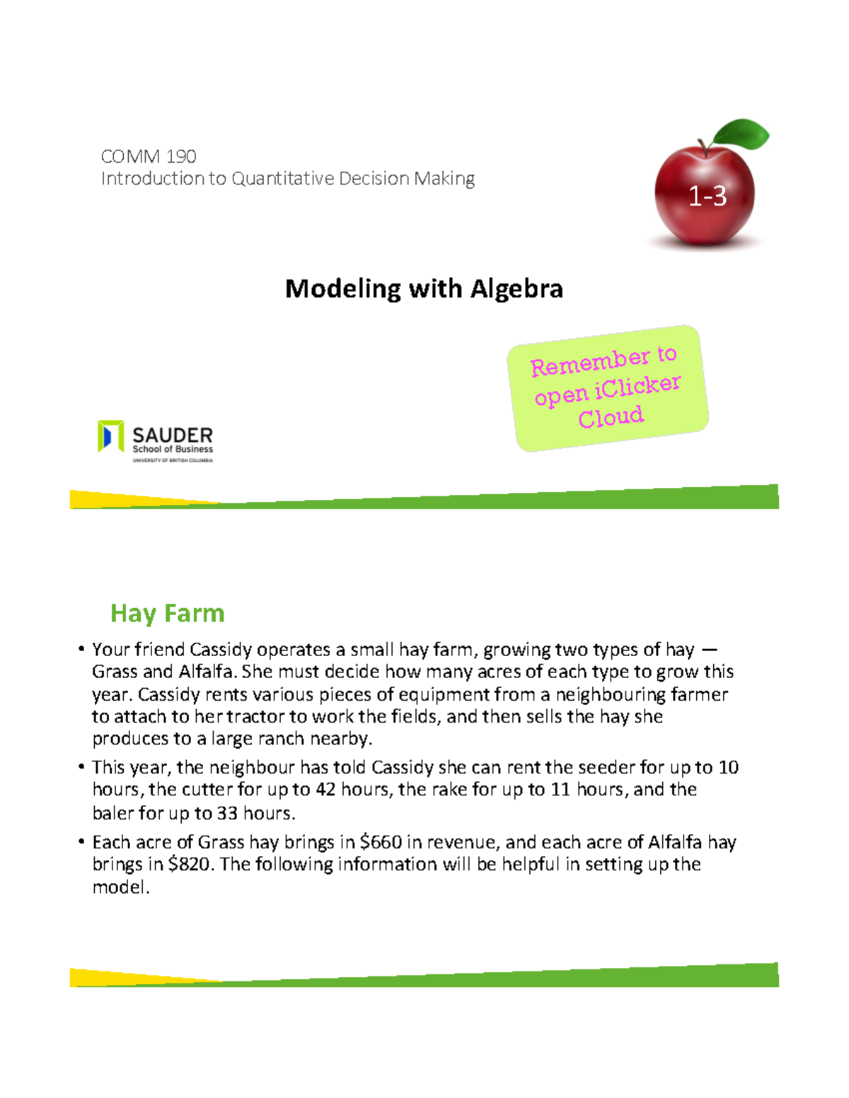 1-3.Lec Algebraic Formulation POST - COMM 190 Introduction to Quantitative Decision Making ...