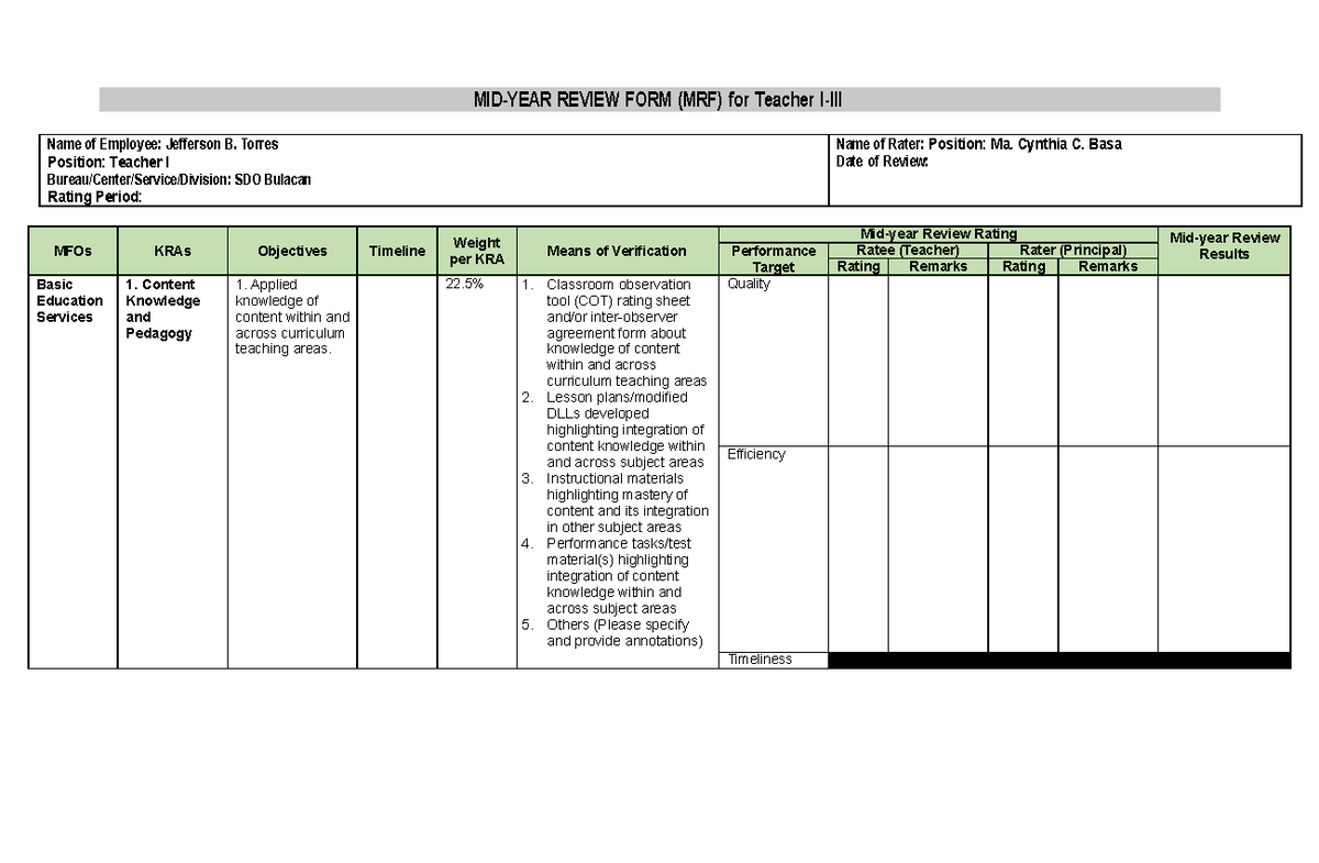 Mid year review form - MID-YEAR REVIEW FORM (MRF) for Teacher I-III ...