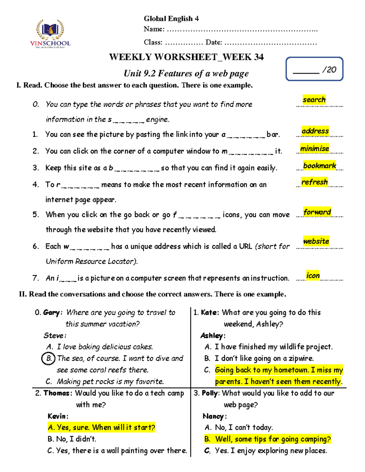 S4 W34 Weekly Worksheet Answer Keys - Global English 4 Name: - Studocu