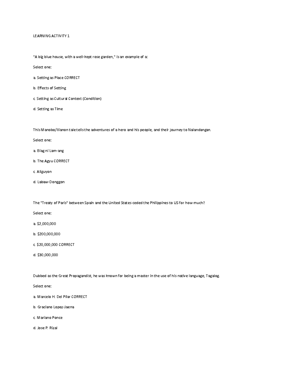 Pdfcoffee - LEARNING ACTIVITY 1 "A big blue house, with a well-kept rose garden," is an - Studocu