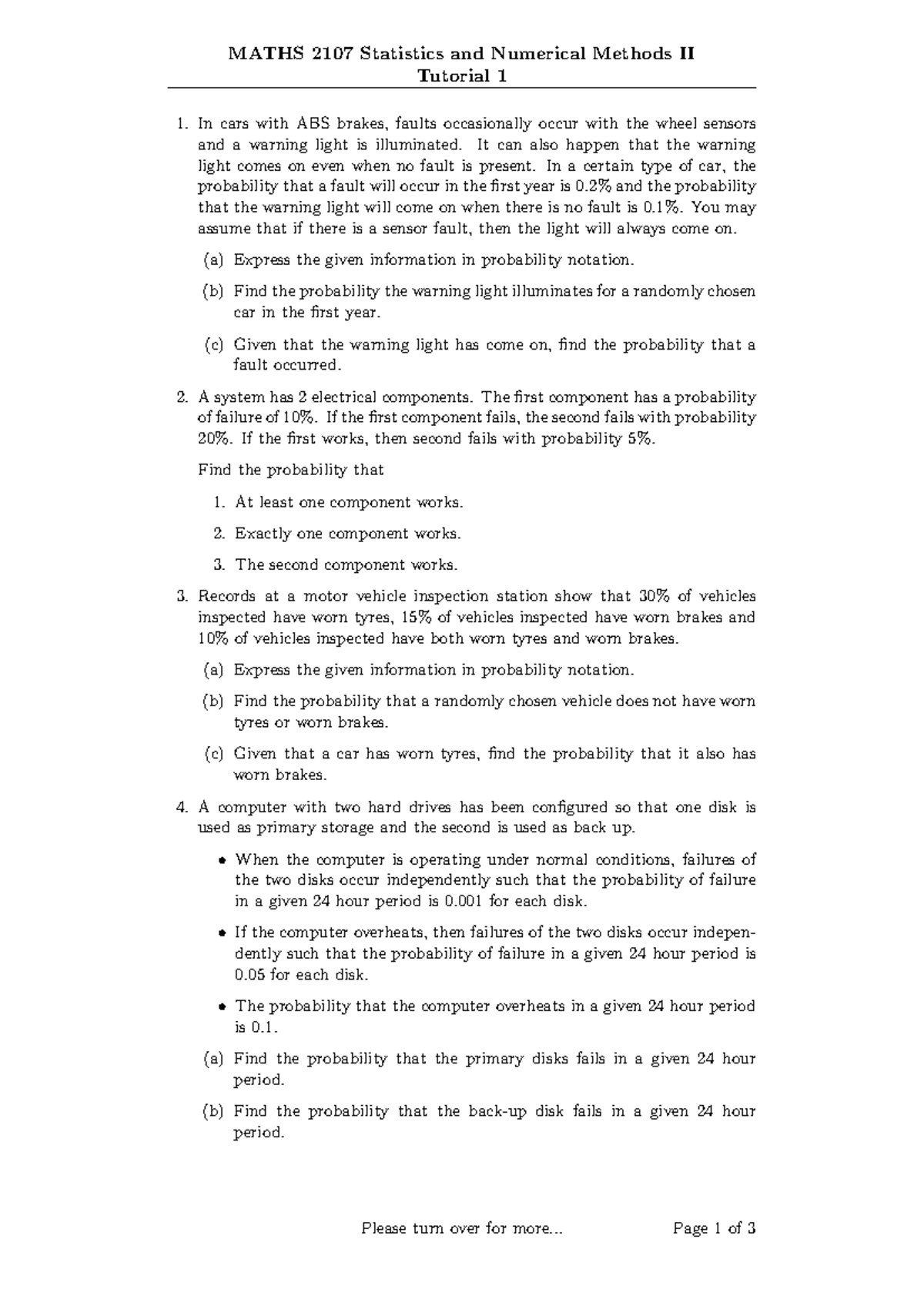 SNMT1 - Tutorial Question set 1 Sem 2 - MATHS 2107 Statistics and Numerical Methods II Tutorial ...