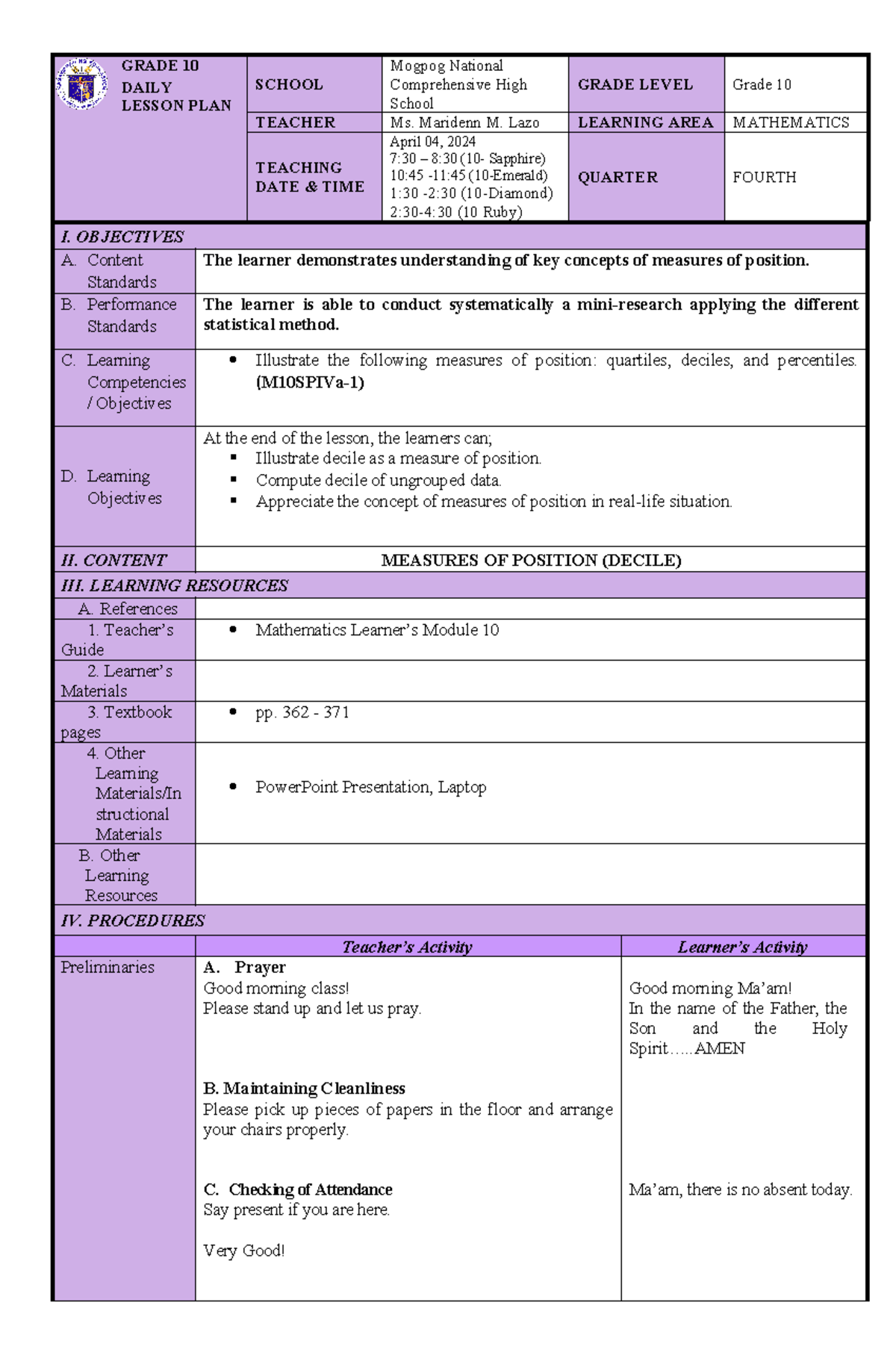Measures of Position ( Decile) - GRADE 10 DAILY LESSON PLAN SCHOOL ...