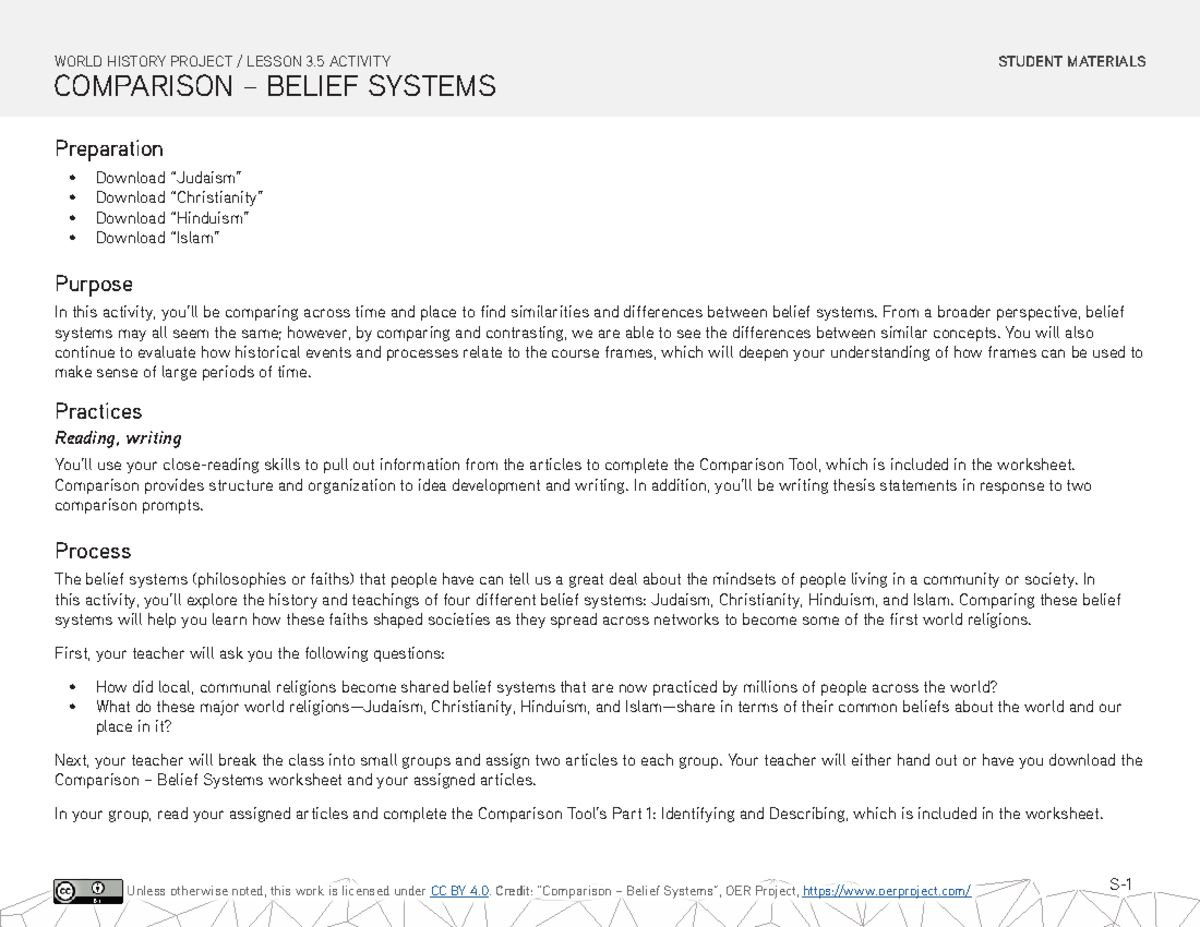 WHP 357 Activity Comparison Belief Systems Student - STUDENT MATERIALSSTUDENT MATERIALS S- - Studocu