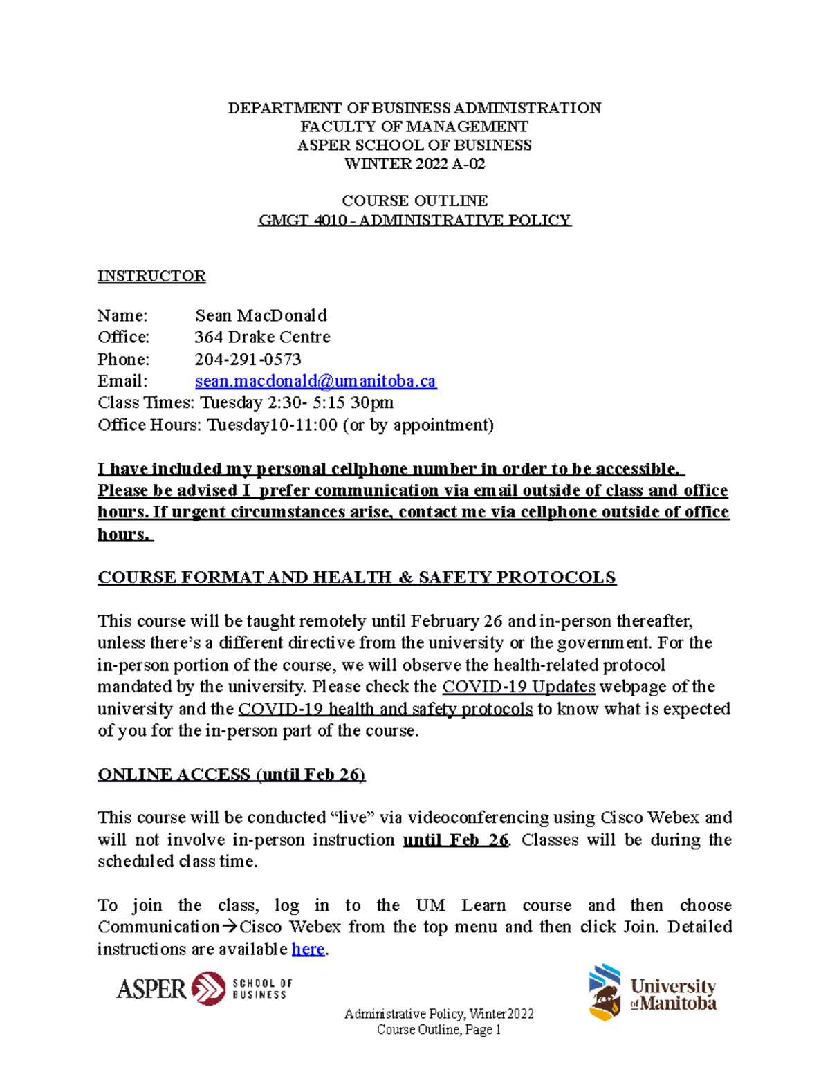 GMGT4010 administrative policy course outline - DEPARTMENT OF BUSINESS ...