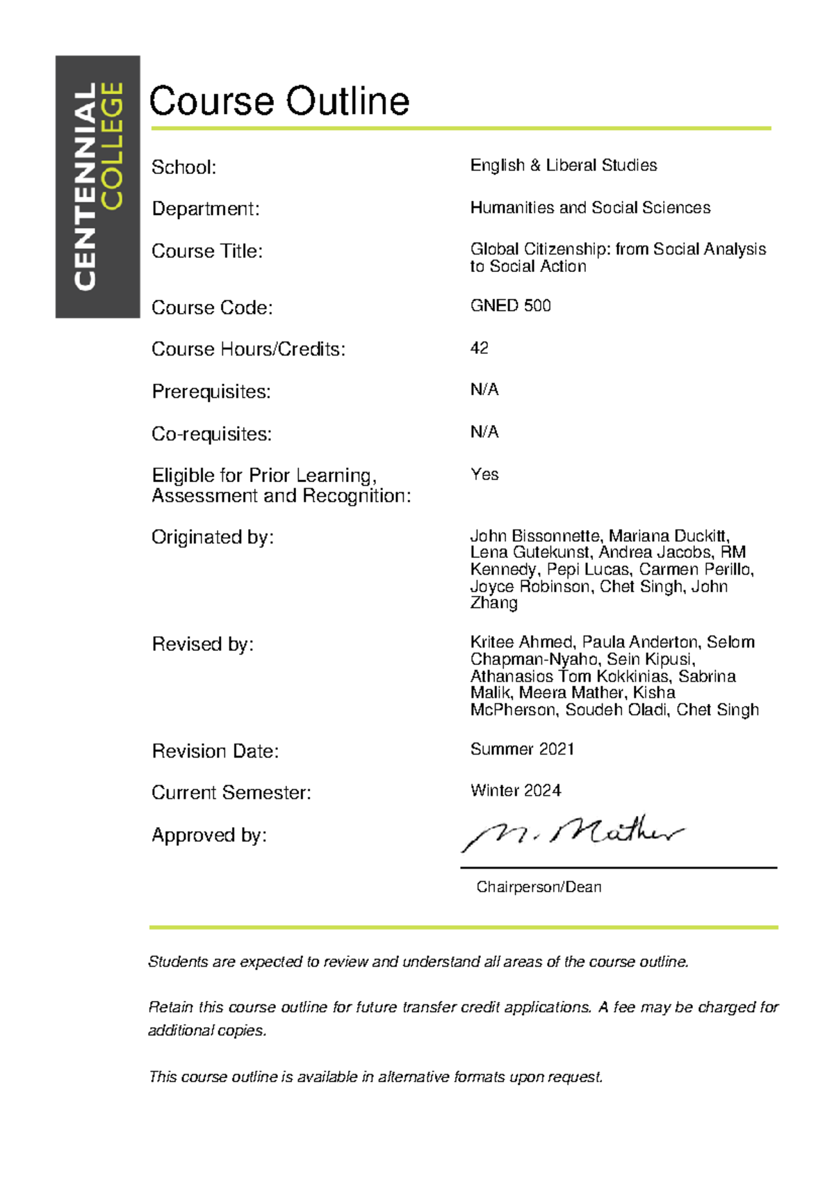 GNED 500 - notes - Course Outline Chairperson/Dean Students are ...