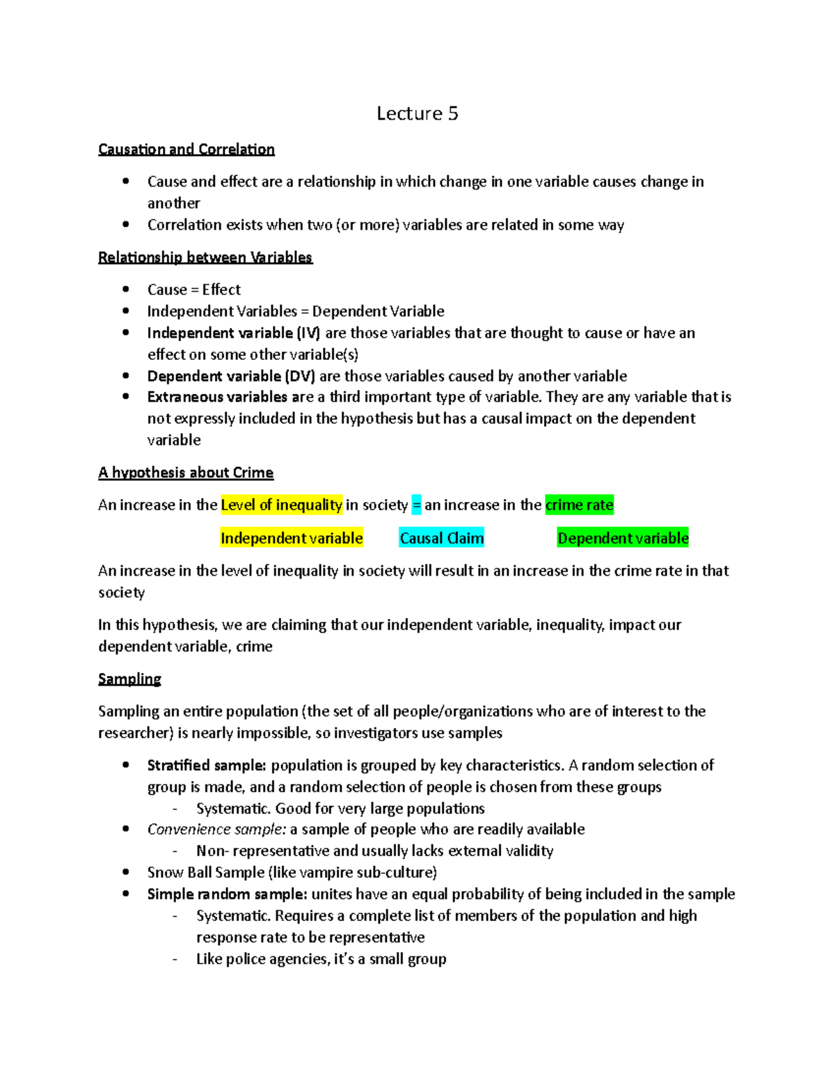 Lecture 5 Crm 1300 Crim Notes Lecture 5 Causation And Correlation Cause And Effect Are A