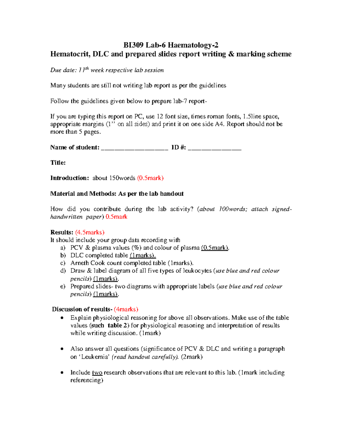 Lab-6 report writing guidelines (Hematology-2(PCV- DLC) - BI309 Lab-6 ...