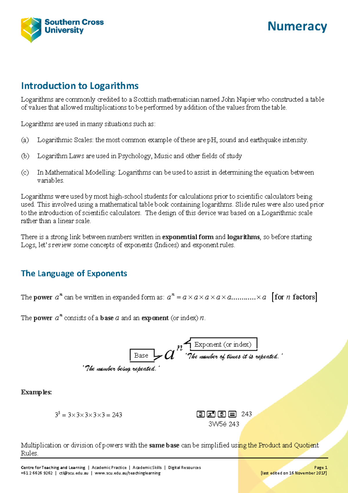 Logarithms - Intro notes - Numeracy Centre for Teaching and Learning ...