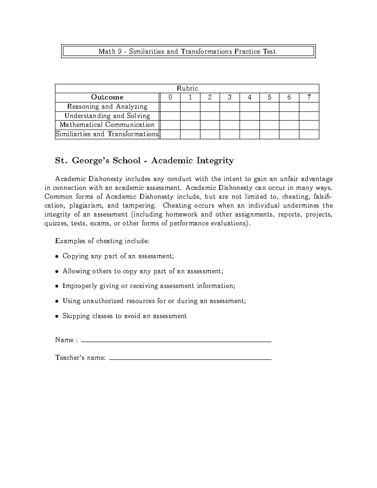 Math 9 - Similarities and Transformations Practice Test - NO L7 - Math ...