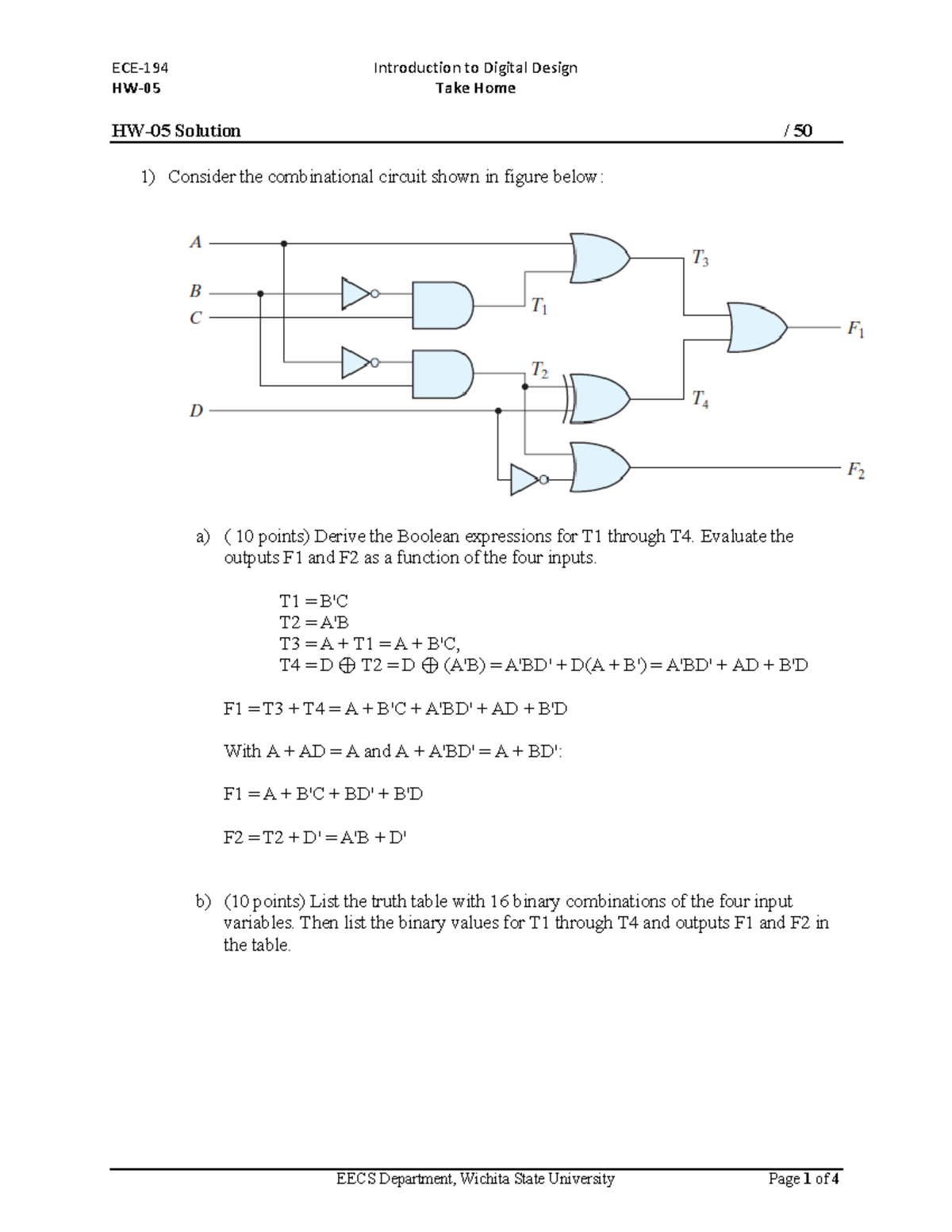 Homework 5 - HW-05 Take Home HW-05 Solution / 50 1) Consider the combinational circuit shown in ...