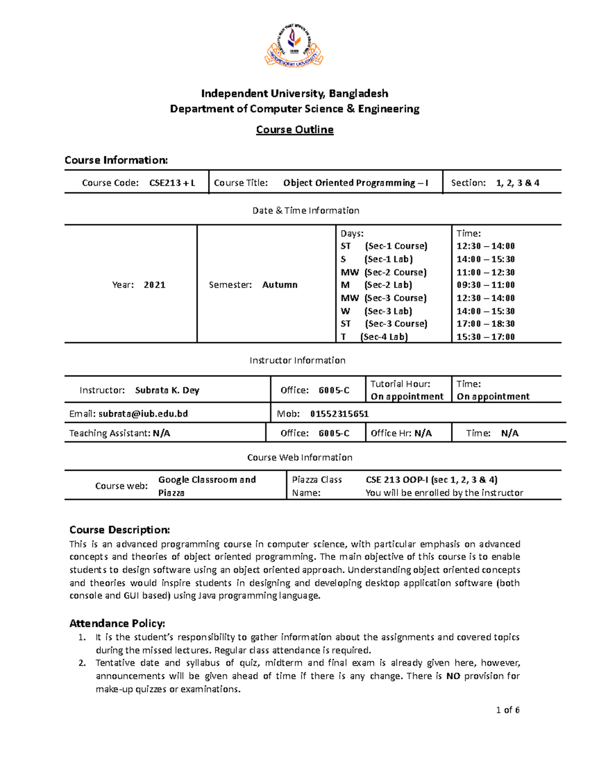 2021 Autumn - CSCE213 Course Outline - Independent University ...