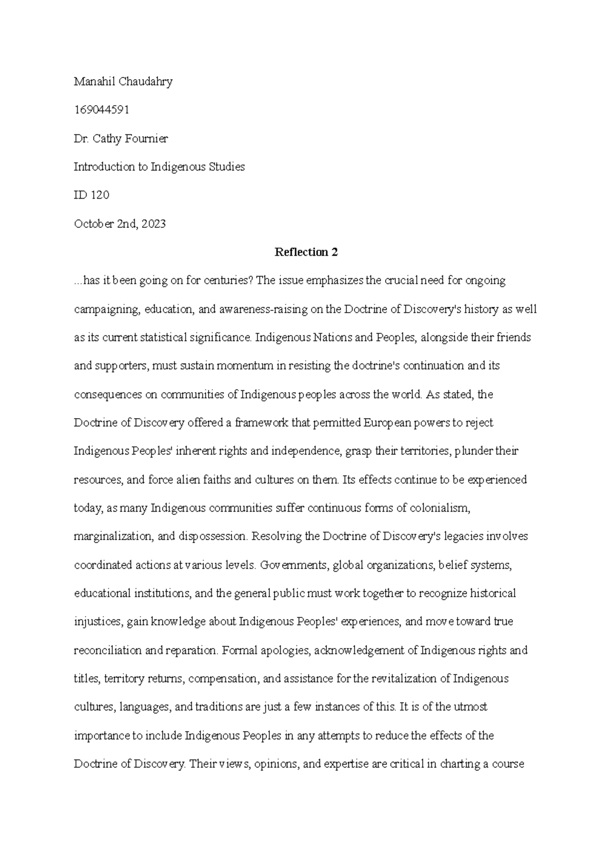 Reflection #2 - Weekly readings - Manahil Chaudahry 169044591 Dr. Cathy ...