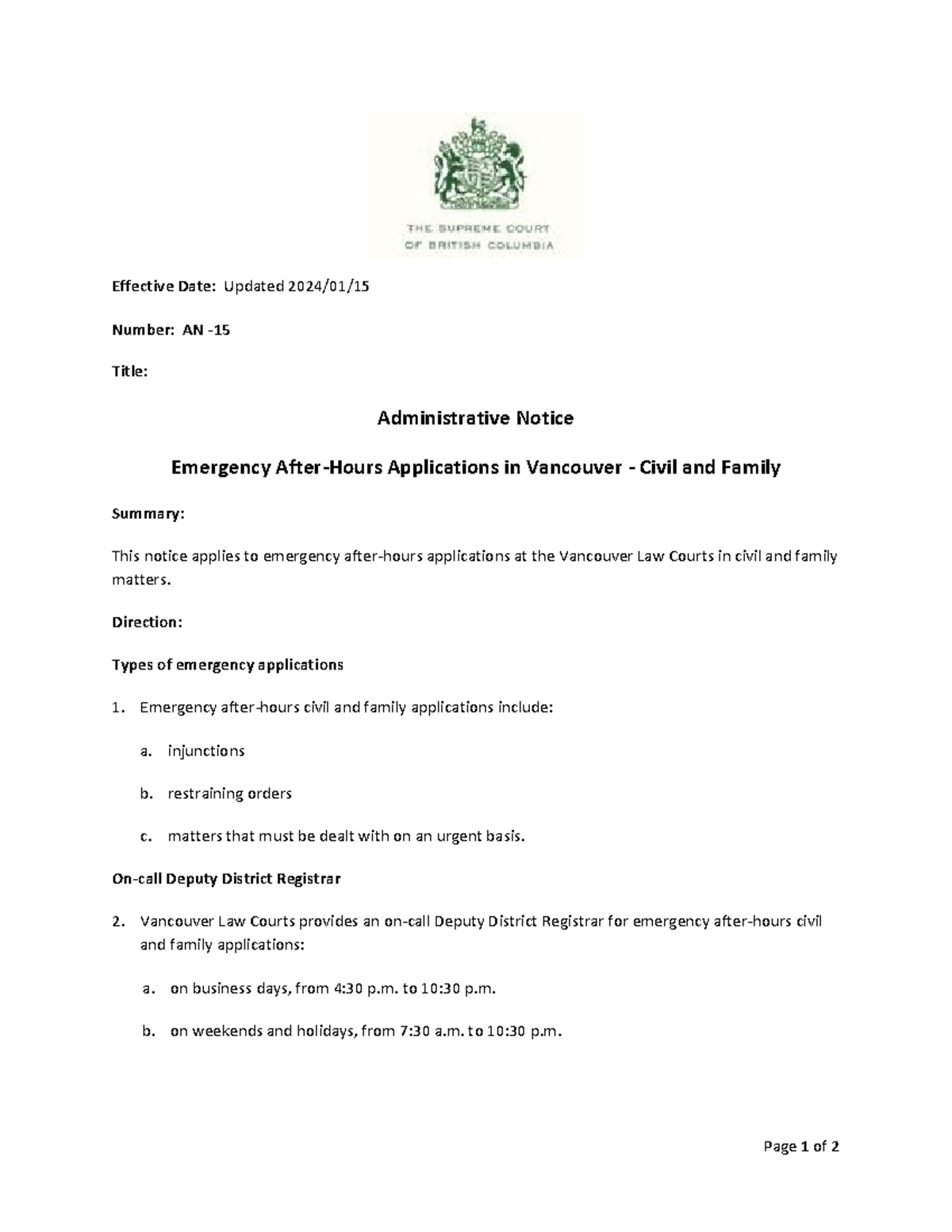 AN-15 Emergency After Hours Applications in Vancouver Civil and Family ...