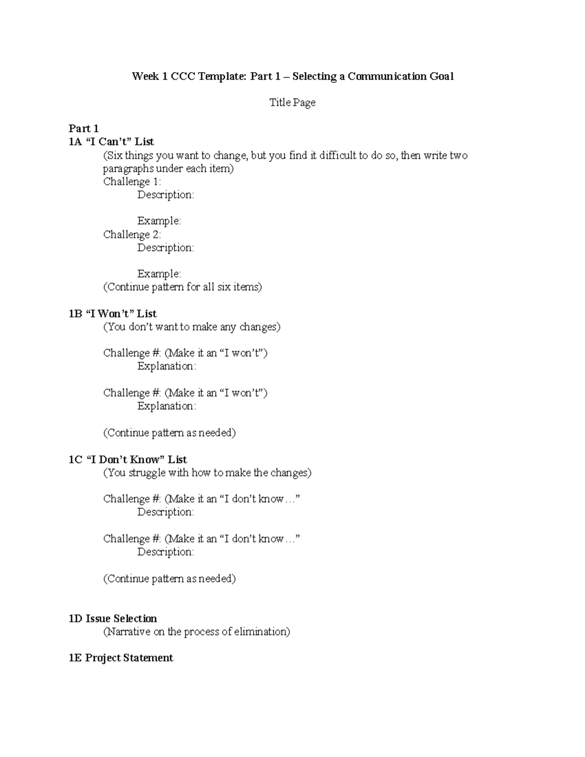 SPCH277 Week 1 CCC Template Communication Goals - Week 1 CCC Template ...