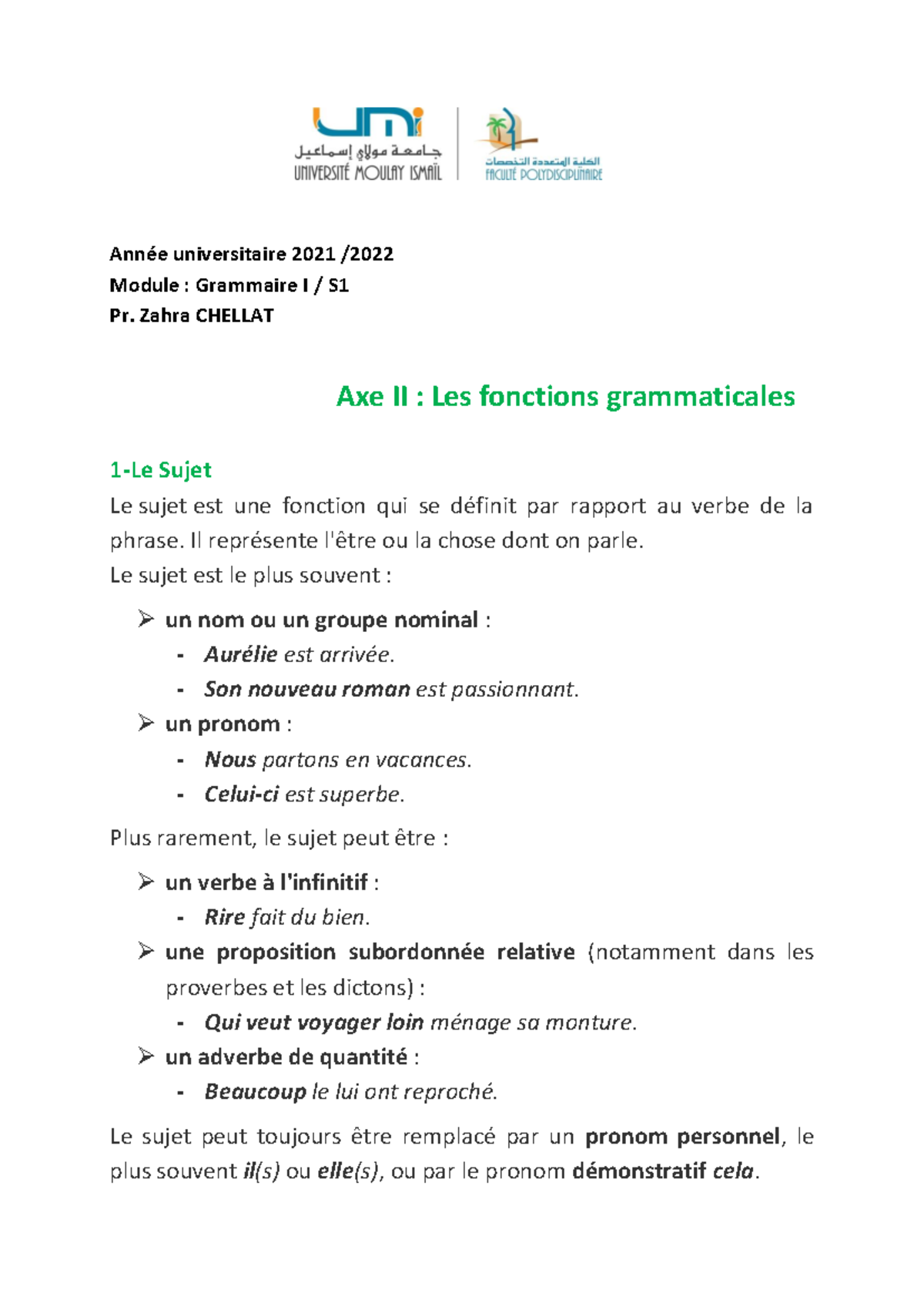 Cours de grammaire S1, Axe 2 - Année universitaire 2021 / Module ...