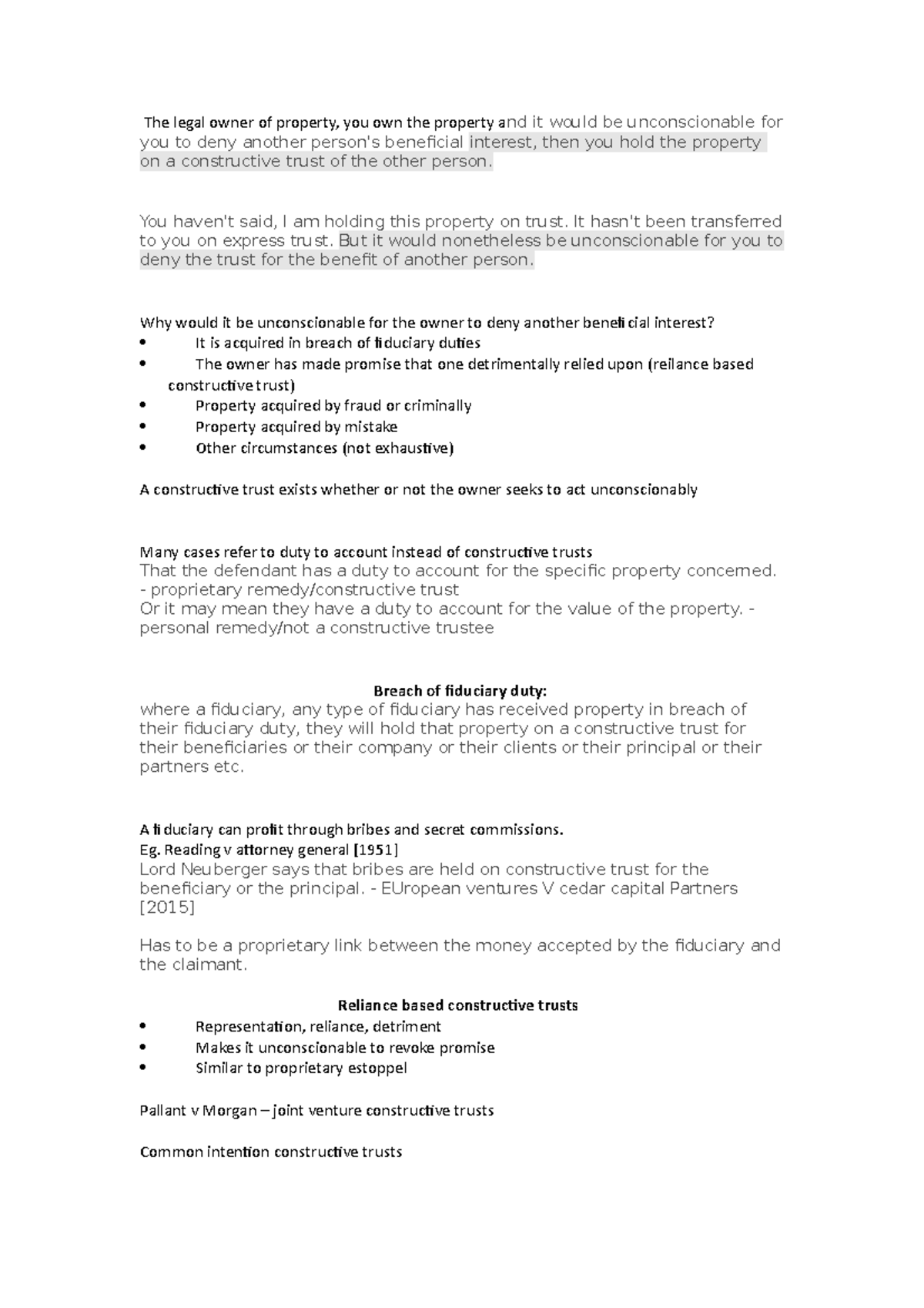 Constructive trust notes - The legal owner of property, you own the ...