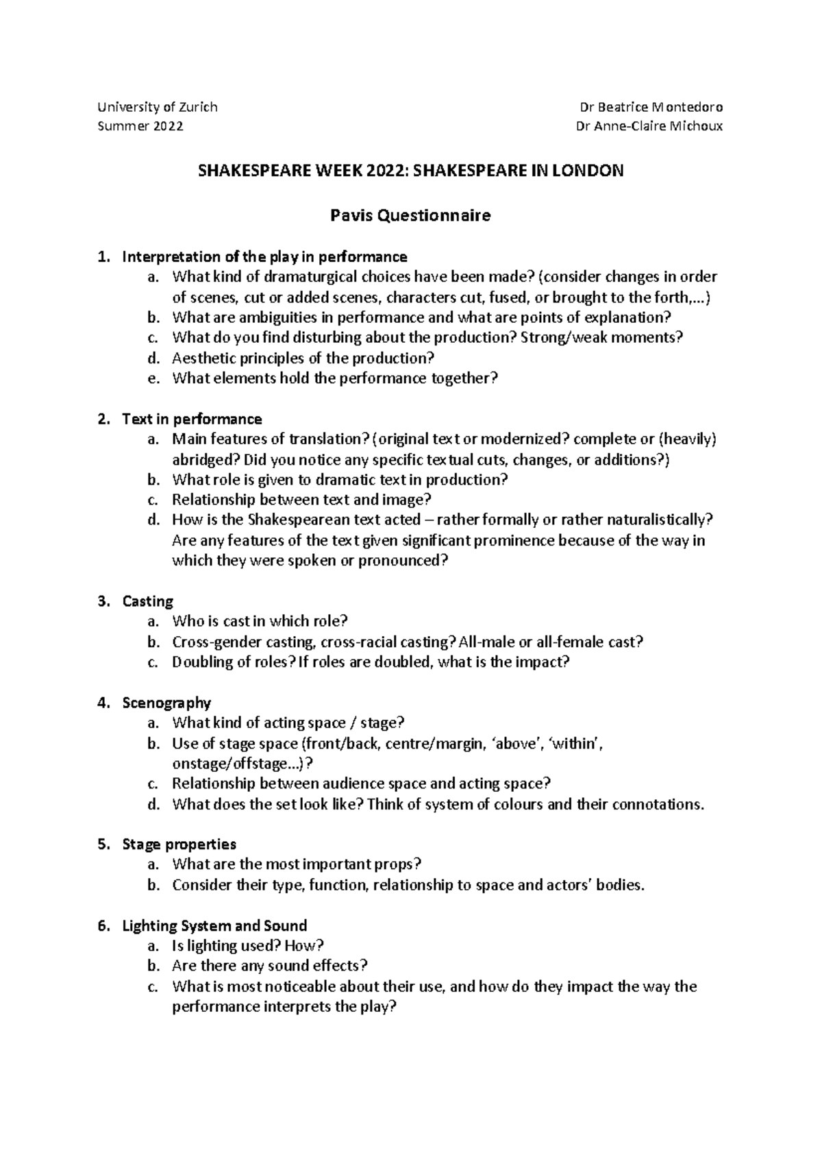 Pavis Questionnaire copy - University of Zurich Dr Beatrice Montedoro ...