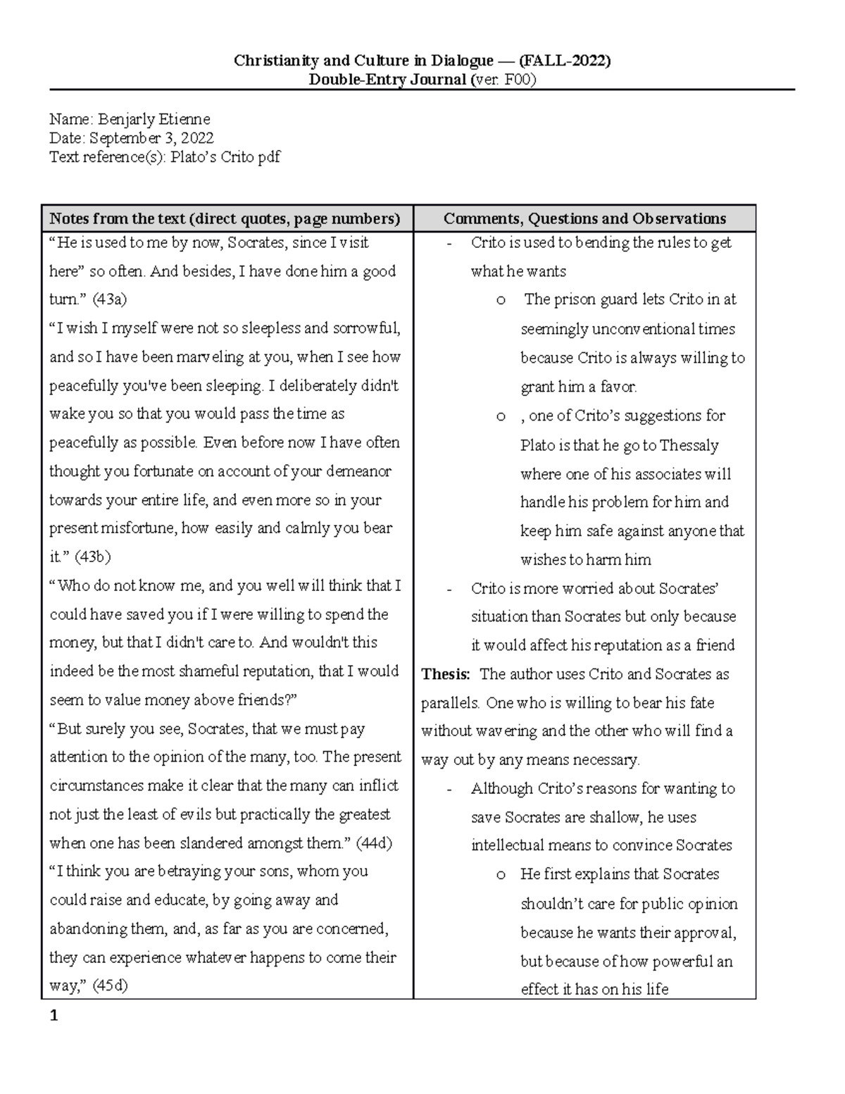 DEJ Plato's Crito - Christianity and Culture in Dialogue — (FALL-2022 ...