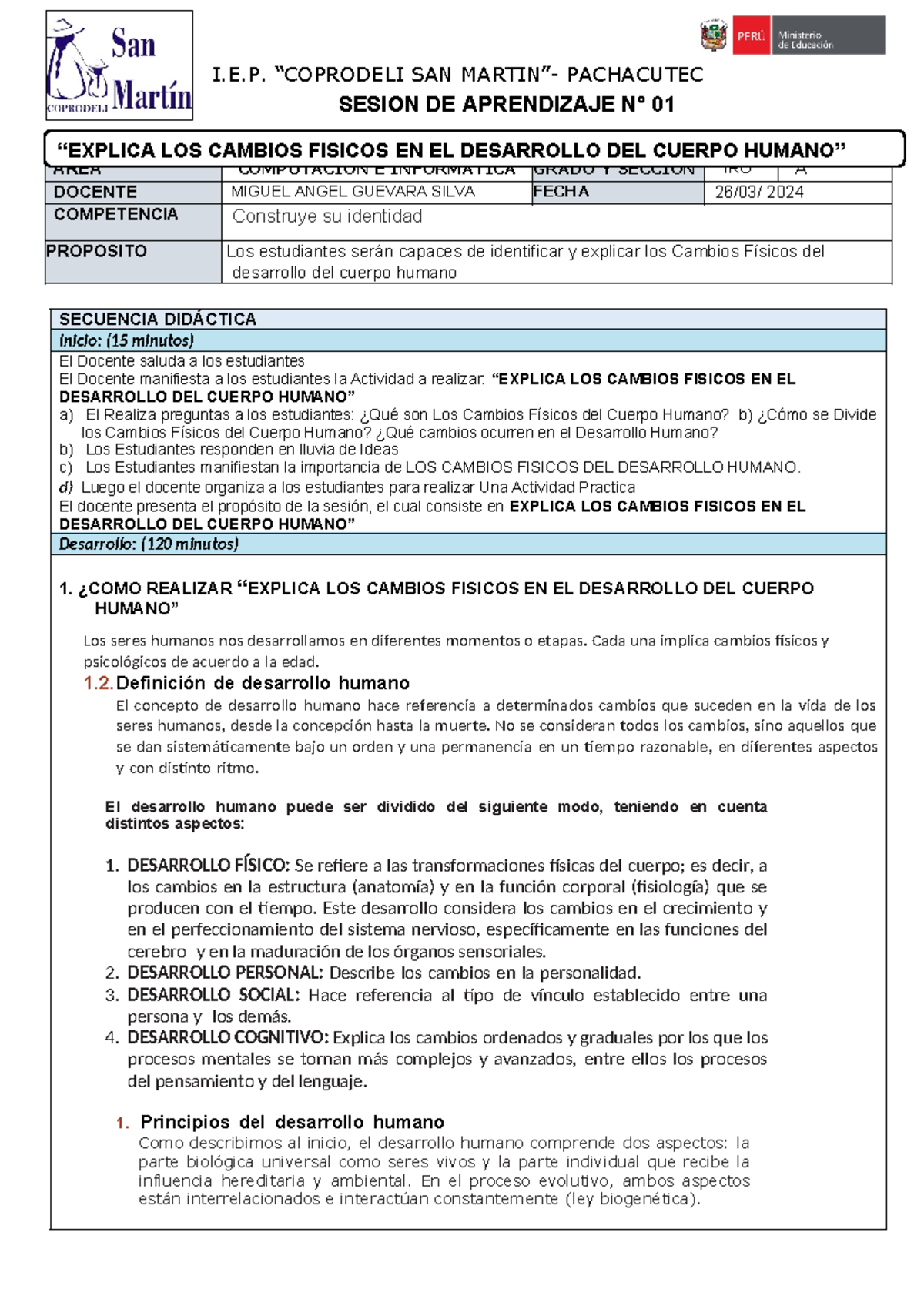 Actividad DE Aprendizaje DPCC 1ro IEP Coprodeli 2024 Clase 1 - I.E. “COPRODELI SAN MARTIN ...