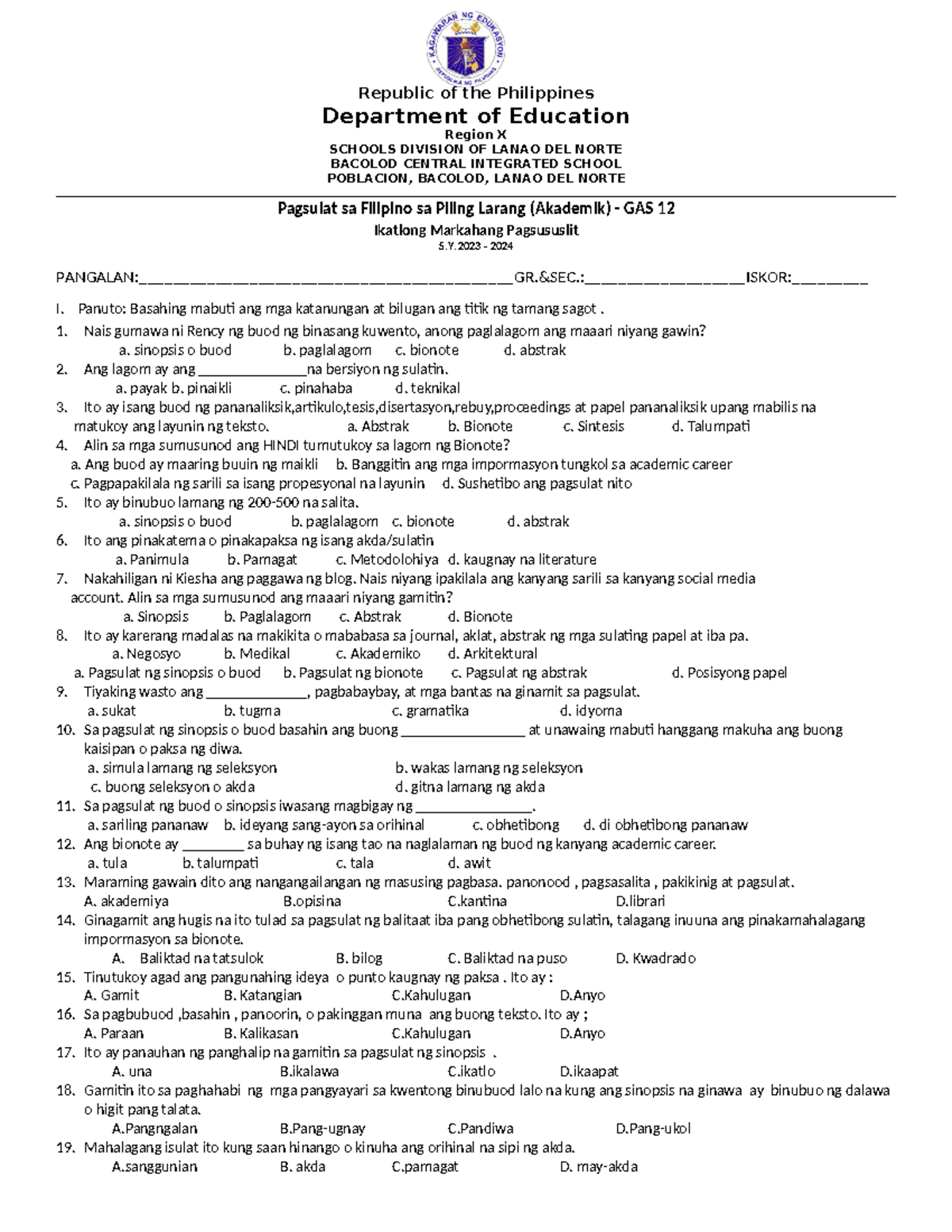 Grade 12-Gas Pling Larang - Republic of the Philippines Department of ...