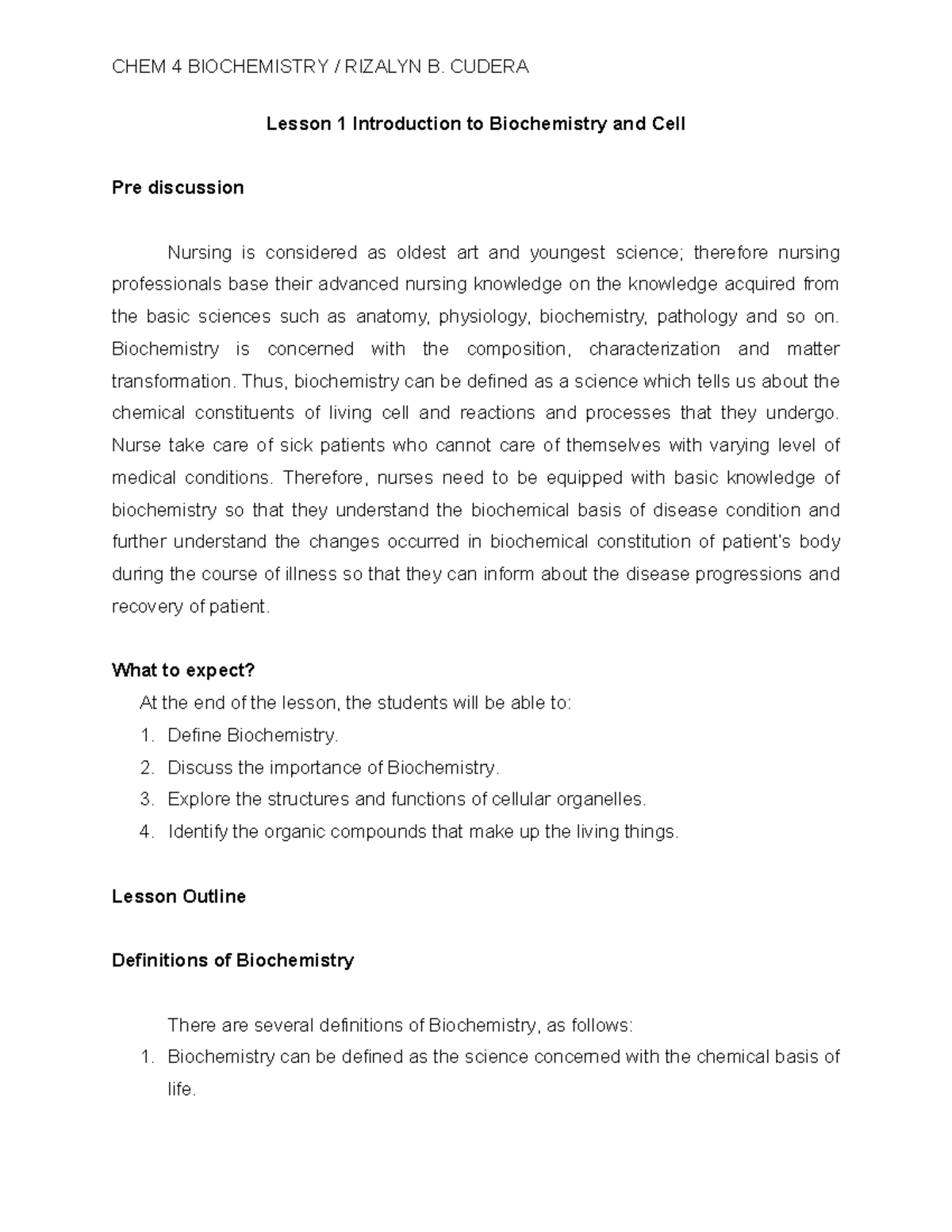 Lesson 1 Introduction to Biochemistry and Cell - Biochemistry is ...