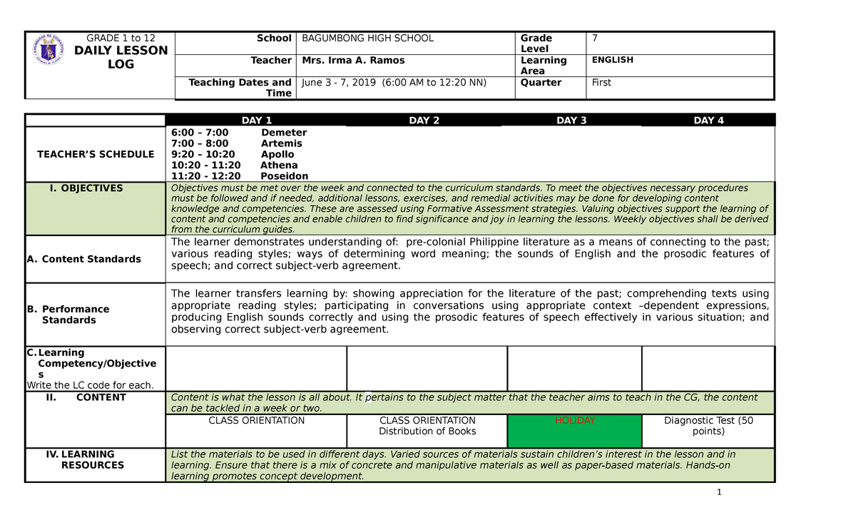 DLL Gr 7 June 3 2019 - Notes - GRADE 1 to 12 DAILY LESSON LOG School ...