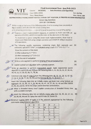 Arrear Question Paper FAT - Data Structures - Studocu