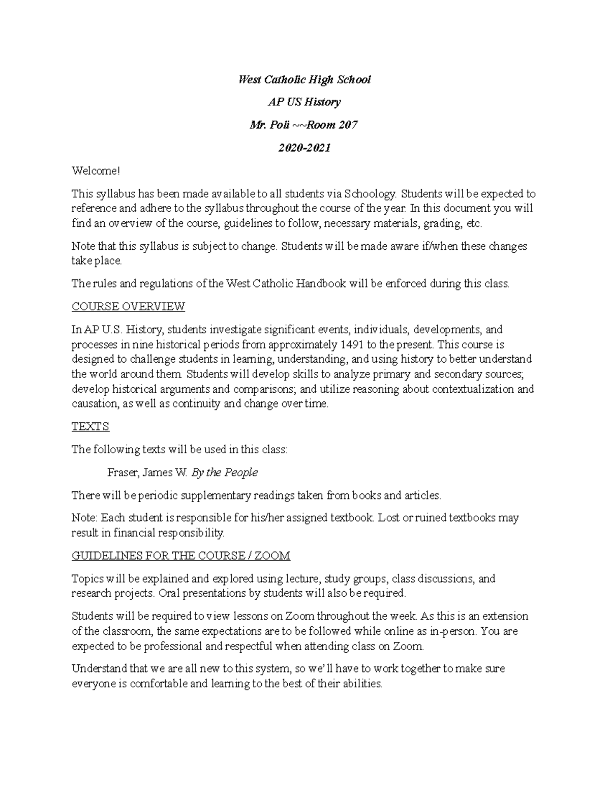 AP US History Syllabus - West Catholic High School AP US History Mr ...