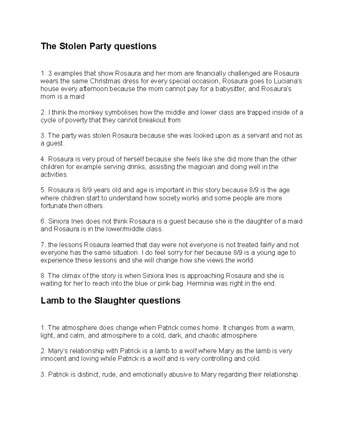 Paragraph - The Bet - The Stolen Party questions 1. 3 examples that ...