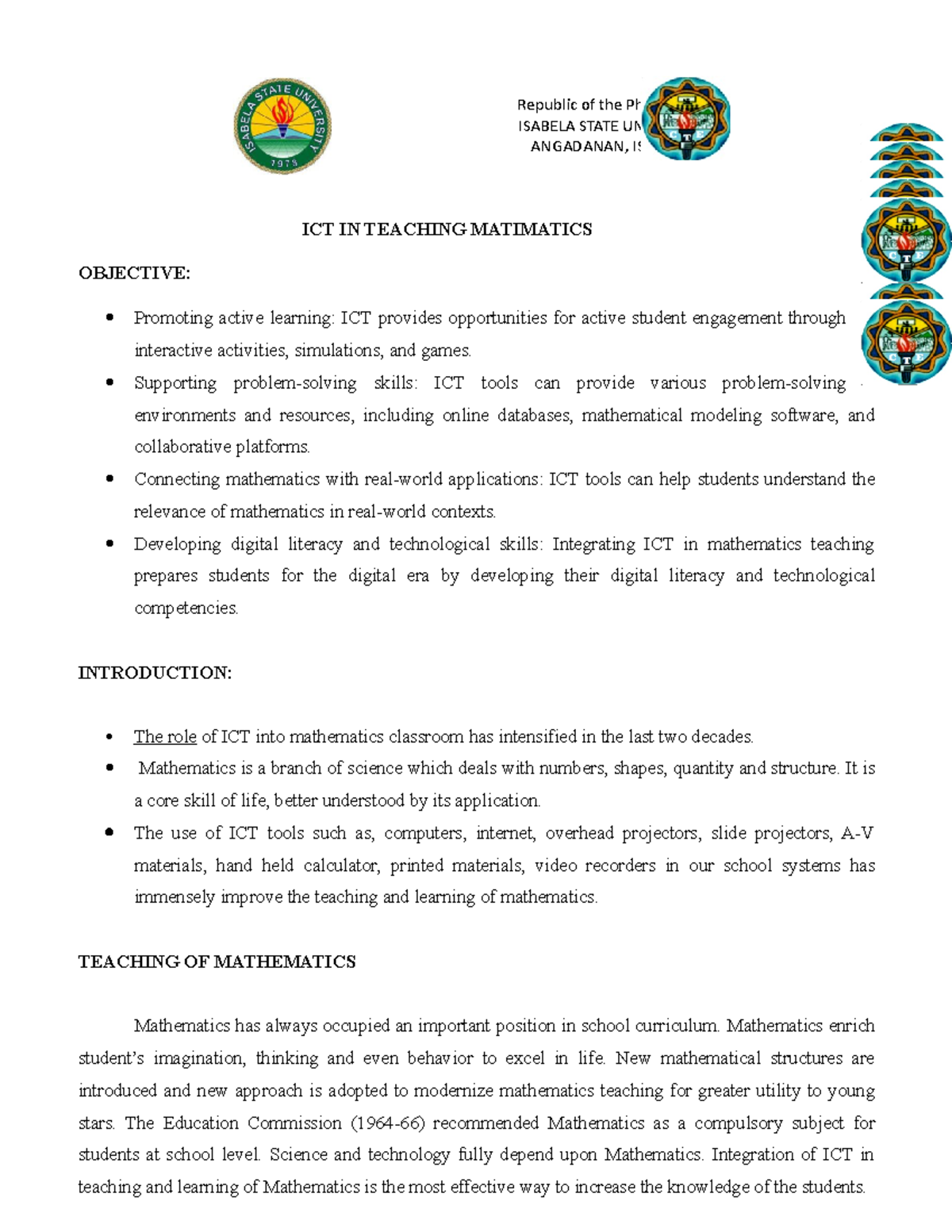 ICT IN Teaching M Atimatics - ISABELA STATE UNIVERSITY ANGADANAN ...