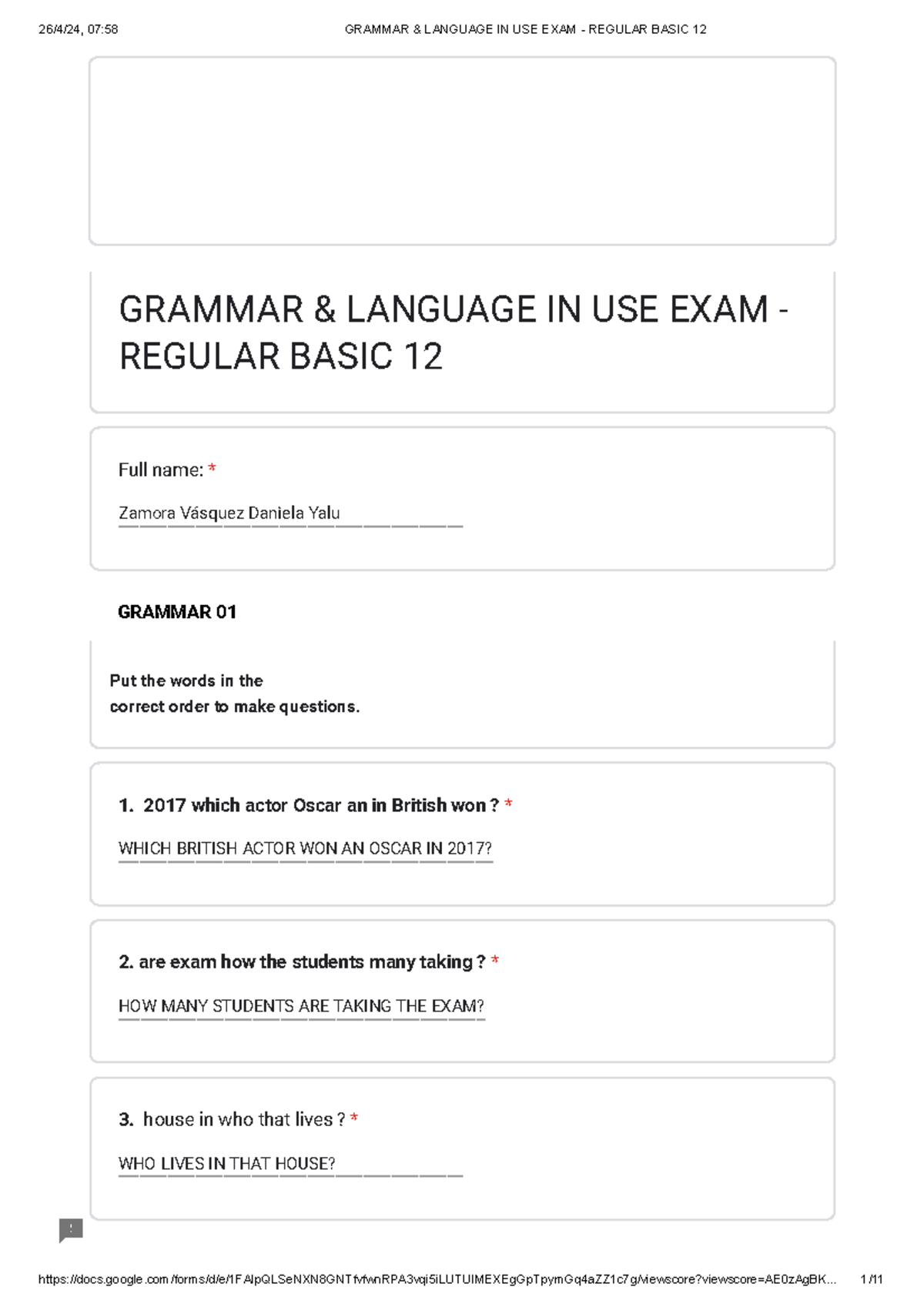 Grammar & Language IN USE EXAM - Regular Basic 12 - Zamora Vásquez ...