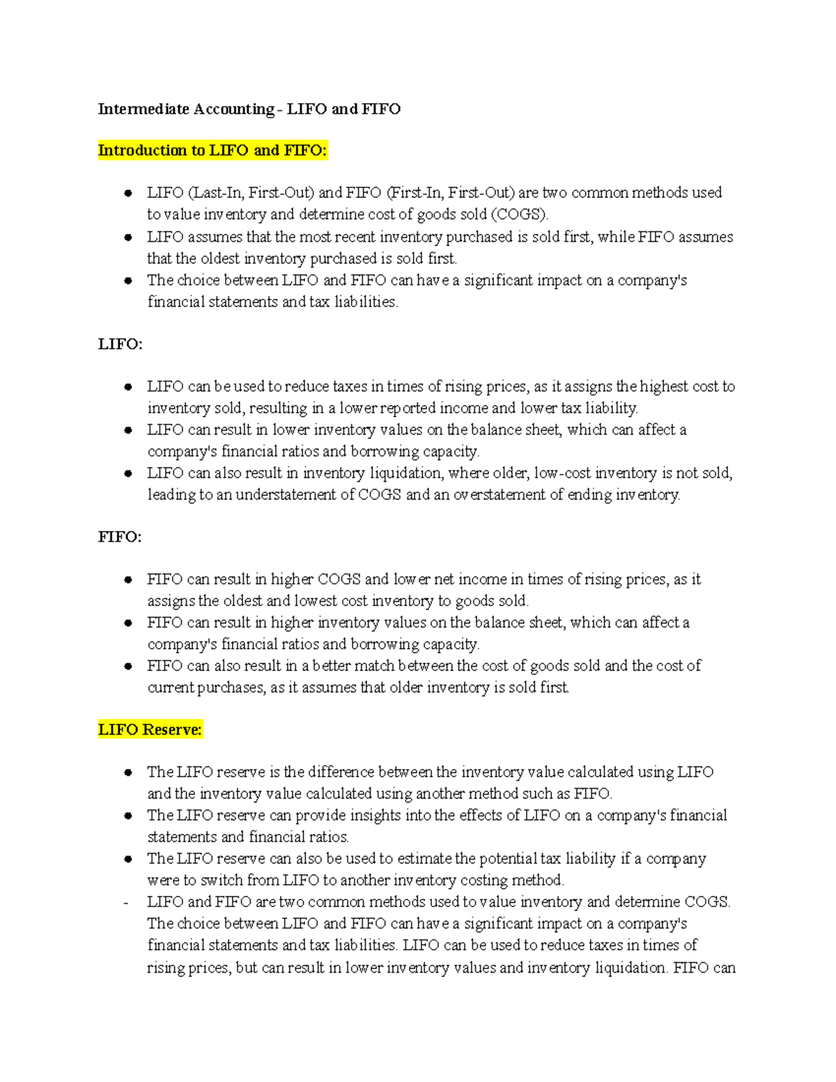 Notes LIFO-FIFO Methods - Intermediate Accounting - LIFO and FIFO ...