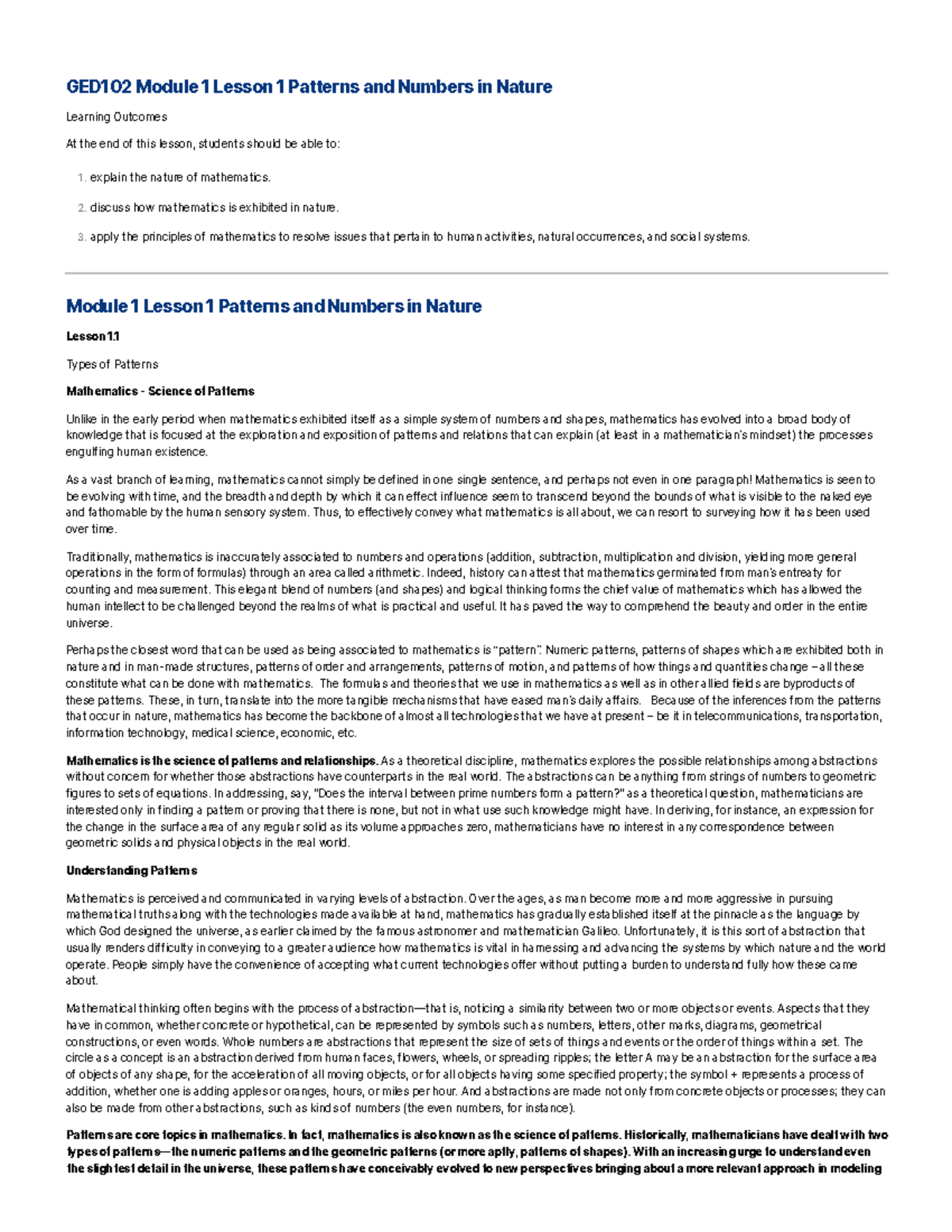GED102 Module 1 Lesson 1 Patterns and Numbers in Nature - Learning Outcomes At the end of this ...