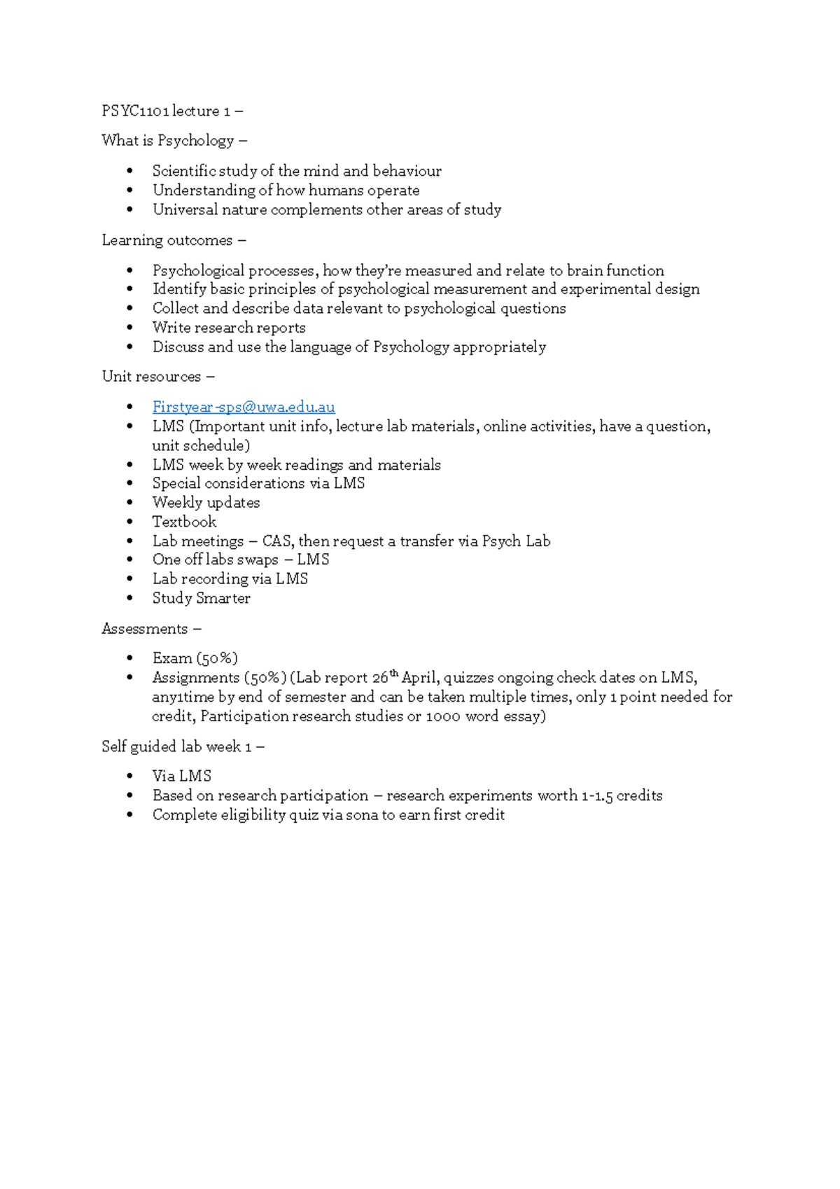 PSYC1101 lecture 1 - edu LMS (Important unit info, lecture lab ...
