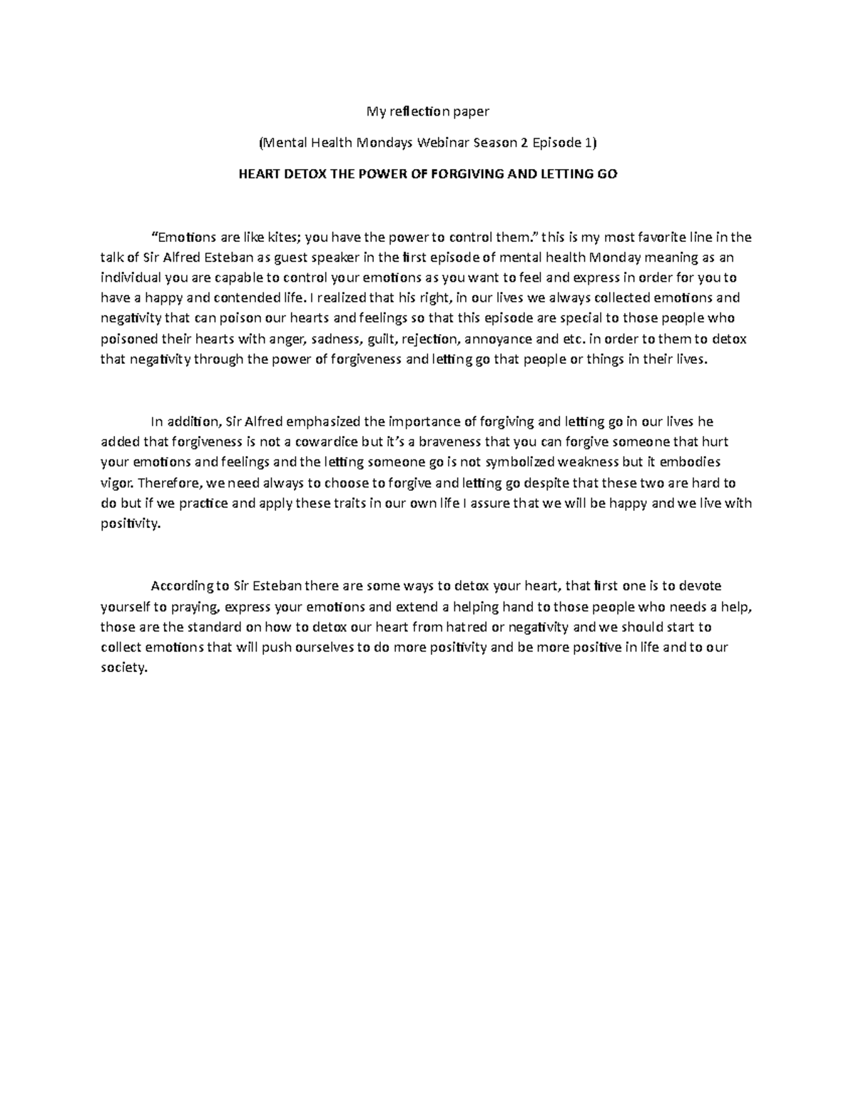 My reflection paper episode 1 - My reflection paper (Mental Health ...