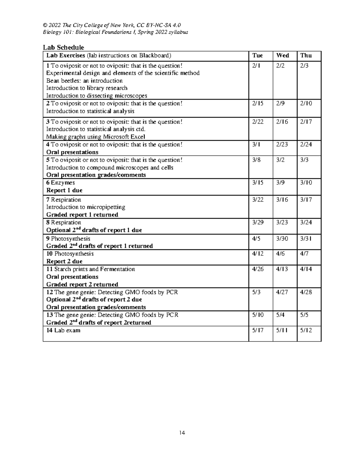 Biology Lab Schedule - practice set - © 2022 The City College of New ...