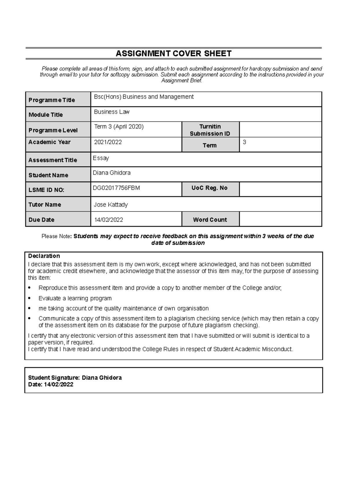 180 Diana Ghidora Essay Law 1650 1065087107 - ASSIGNMENT COVER SHEET ...