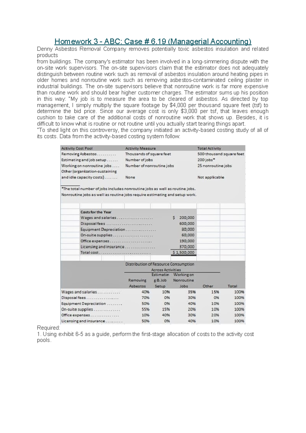 Homework 3 - self study - Homework 3 - ABC: Case # 6 (Managerial Accounting) Denny Asbestos ...