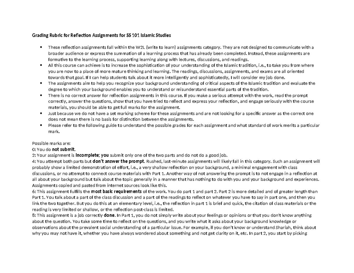 Grading Rubric for Reflection Assignments Fall 2023 Onwards - Grading Rubric for Reflection ...