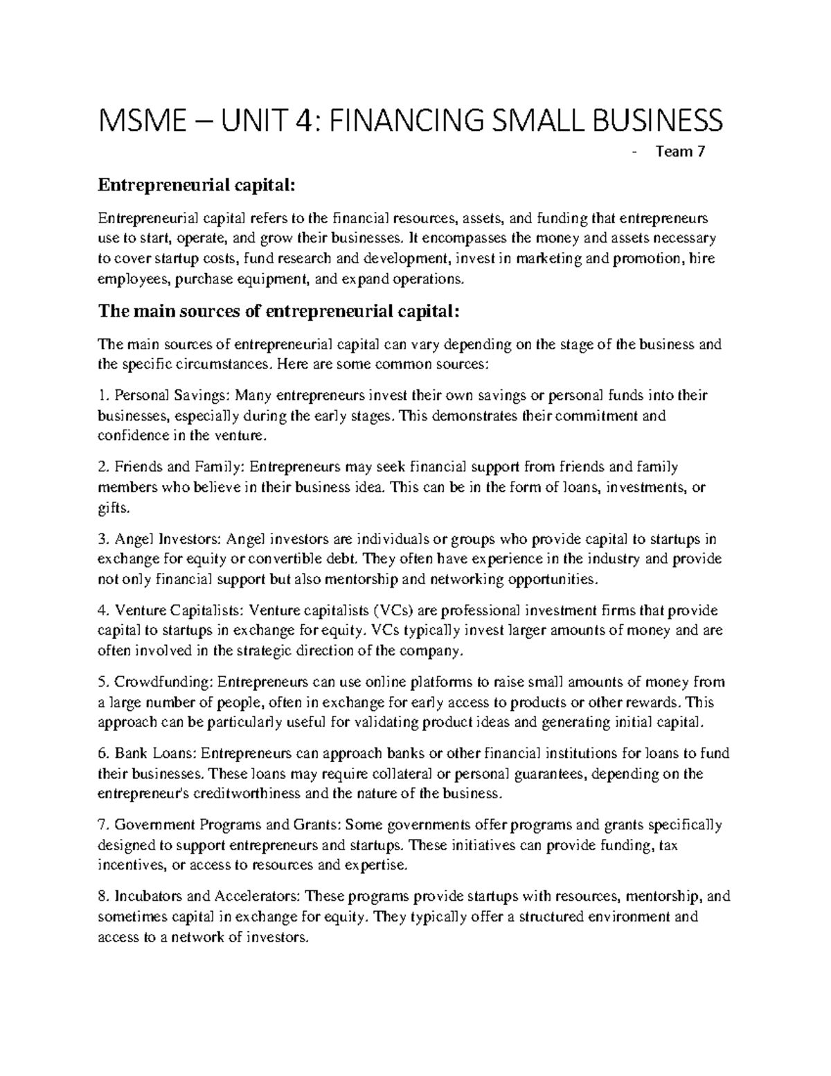 Financial management unit 4 notes - MSME – UNIT 4 : FINANCING SMALL ...