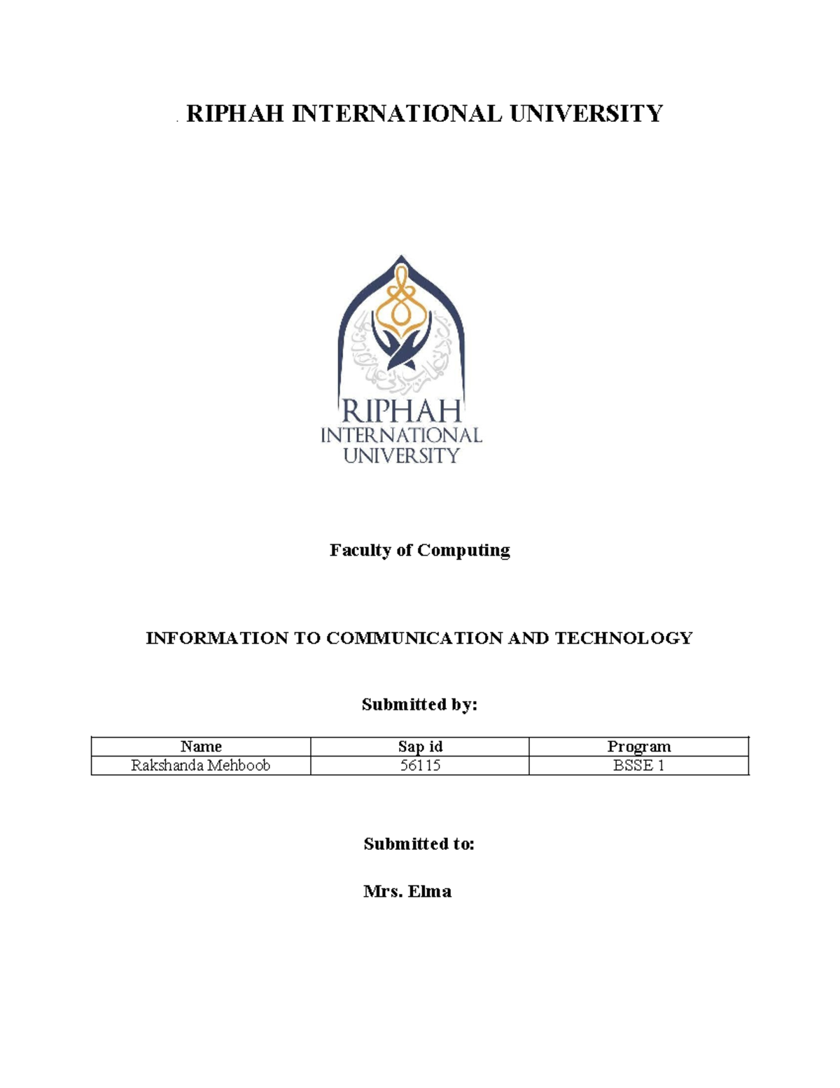 Rakshanda 56115 ict assignment 2 - Communication System - . RIPHAH INTERNATIONAL UNIVERSITY ...