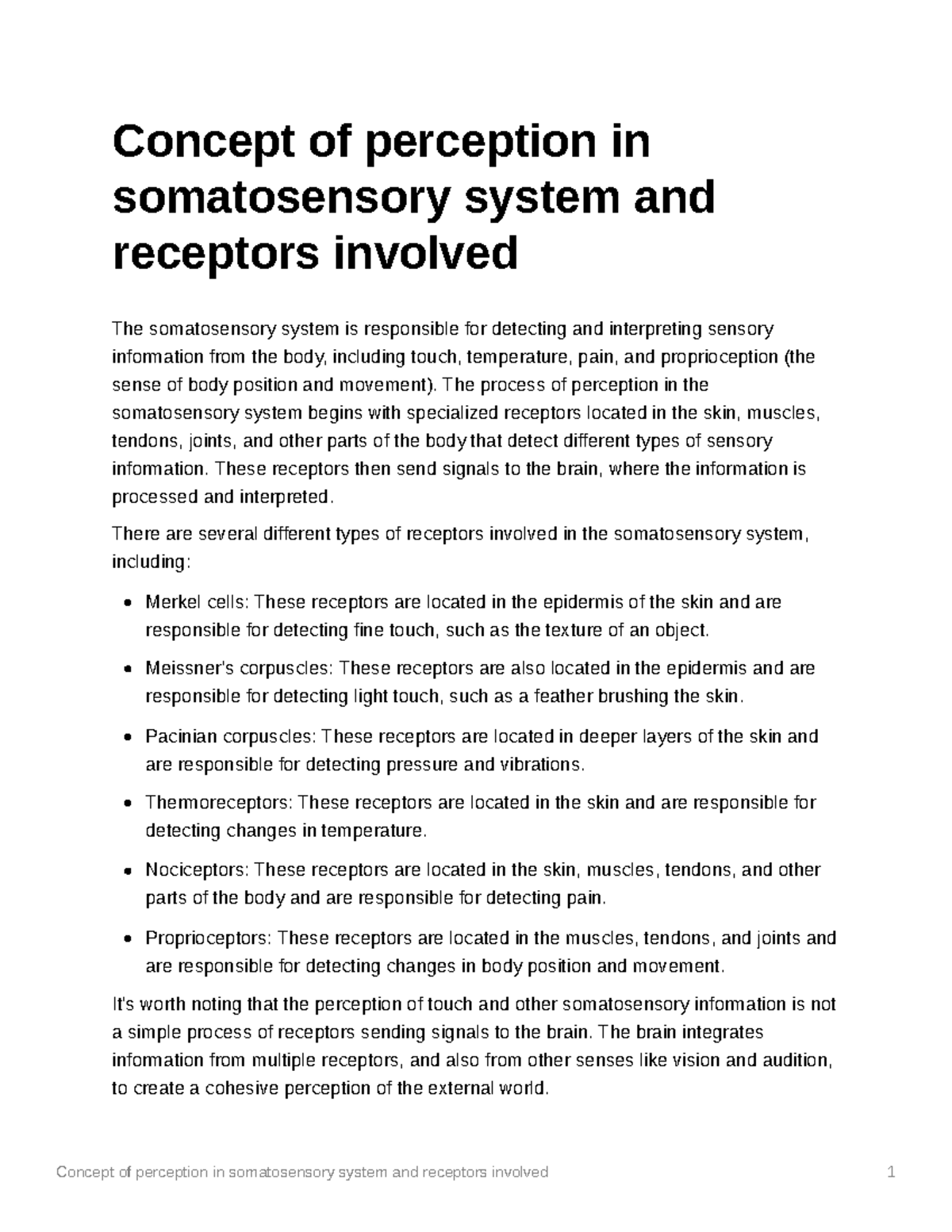 Concept of perception in somatosensory system and receptors involved ...