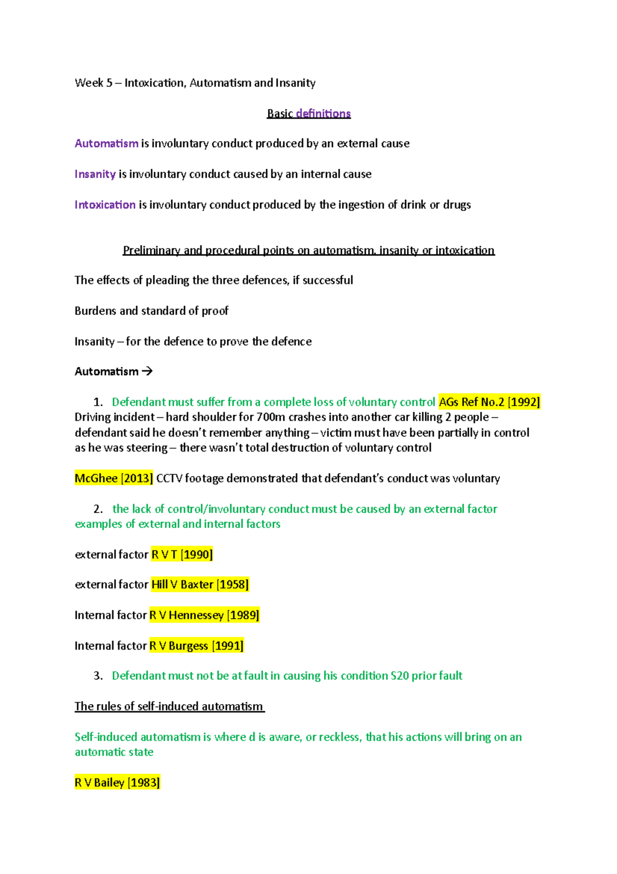 Criminal Week 5 Automatism Insanity and Intoxication notes - Week 5 ...