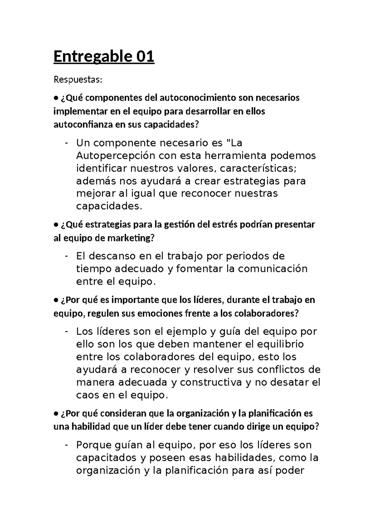 Entregable 01 - SENATI desarrollo personal y liderazgo - Entregable 01 Respuestas: • ¿Qué - Studocu