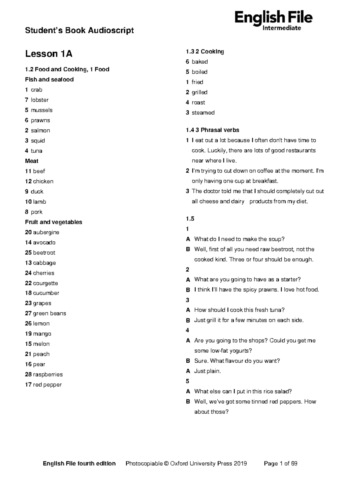 English File 4e Int SB script - Lesson 1A 1 Food and Cooking, 1 Food ...
